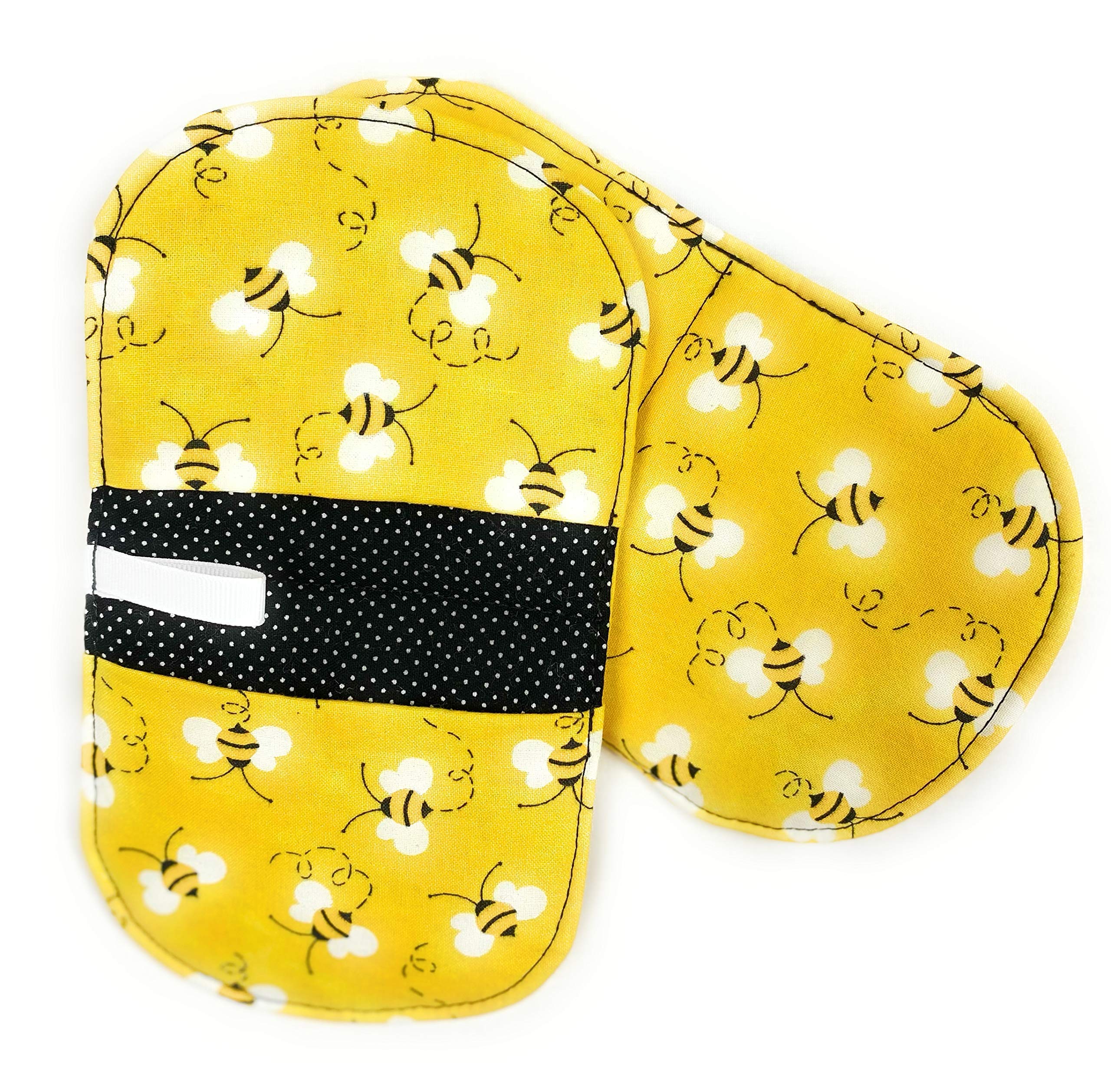 Set of 2 - Honey Bumble Bees White and Black on Yellow Oval Shaped Pot Holders Hot Pan Plate Pads Microwave Mitts