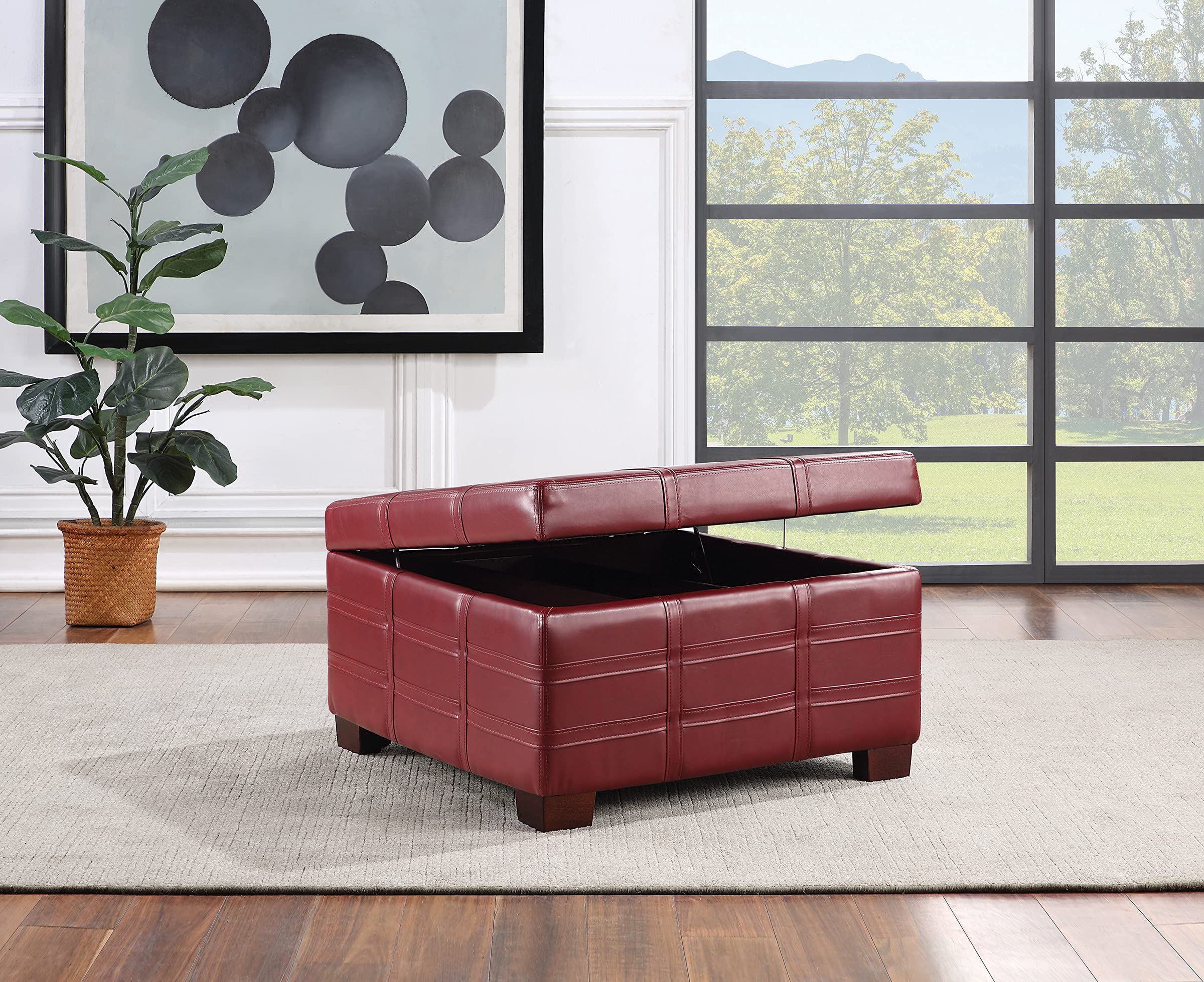 OSP Home Furnishings Detour Strap Square Storage Ottoman with Tray and Solid Wood Legs, Crimson Red Faux Leather