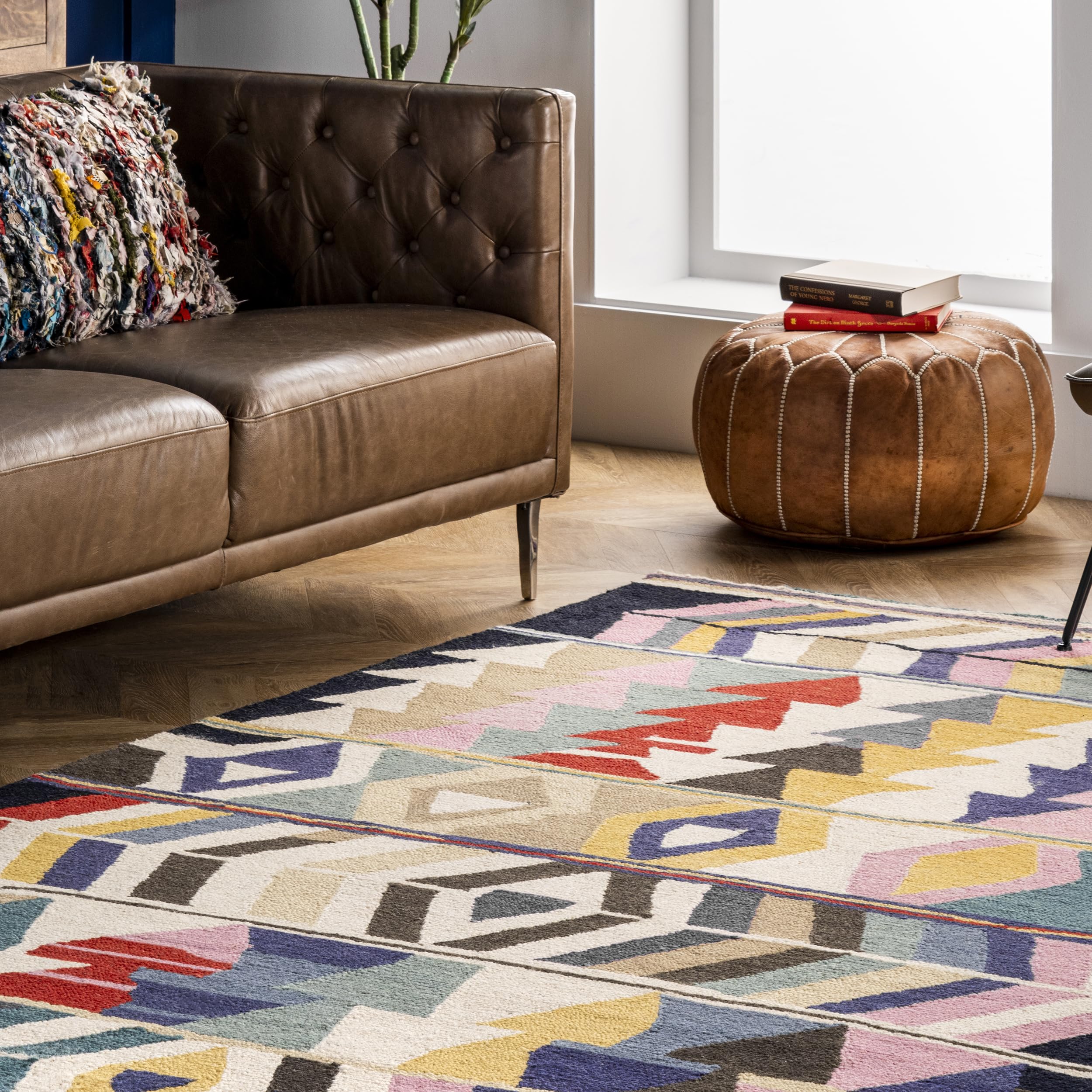 nuLOOM Ofelia Geometric 2x6 Wool Runner Rug for Living Room Bedroom Dining Room Entryway Hallway Kitchen, Multicolor/Black