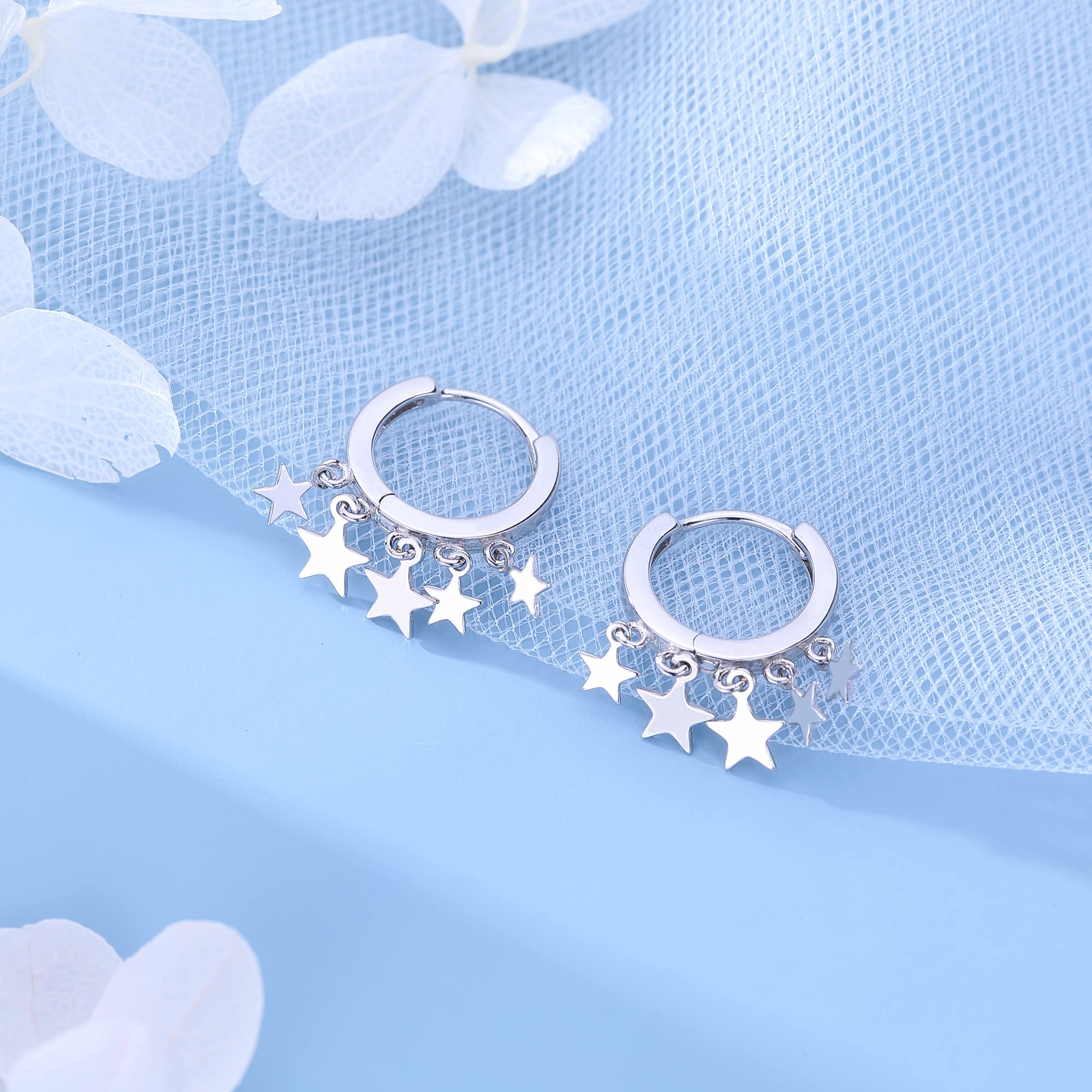 SLUYNZ 925 Sterling Silver Star Hoop Earrings for Women Shiny Star Earrings Hoop (A-Silver)