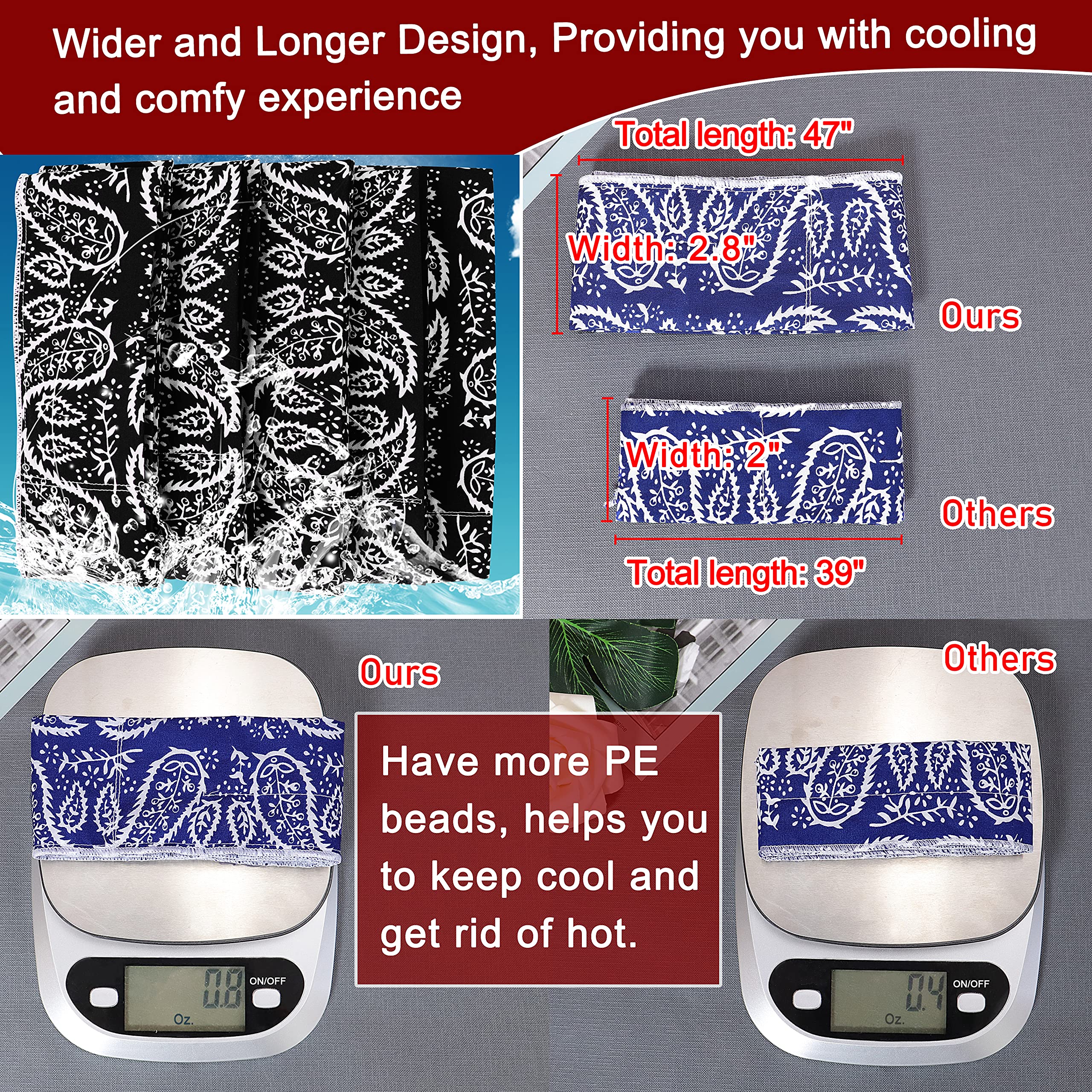 Neck Cooling Scarf Wrap, Lengthen Ice Cool Neck Wrap,(47"x 2.8") Widen Summer Headband Bandanas Collar for Yoga Workout(5 Pcs), Navy