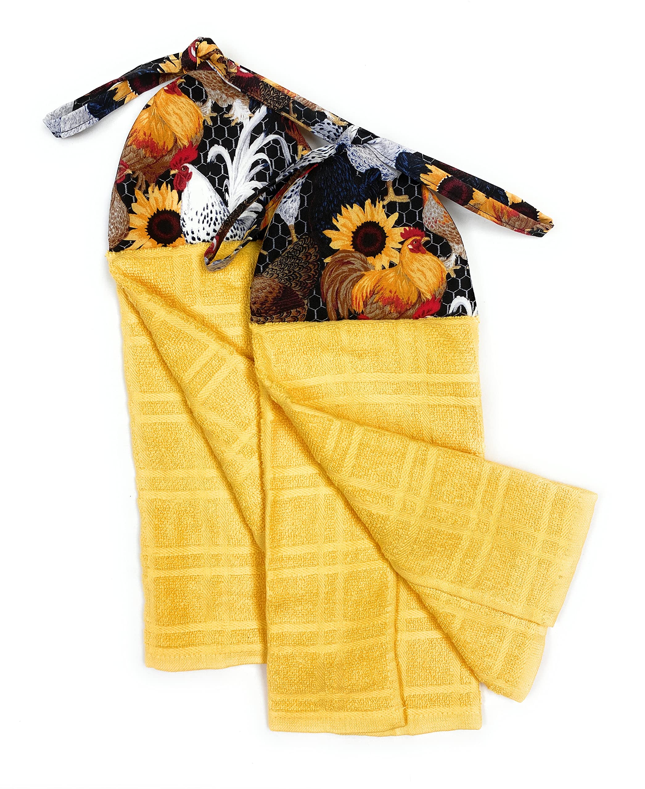 Set of 2 - Roosters Chickens and Sunflowers on Black Reversible Ties On Stays Put Yellow Kitchen Hanging Loop Hand Dish Towels