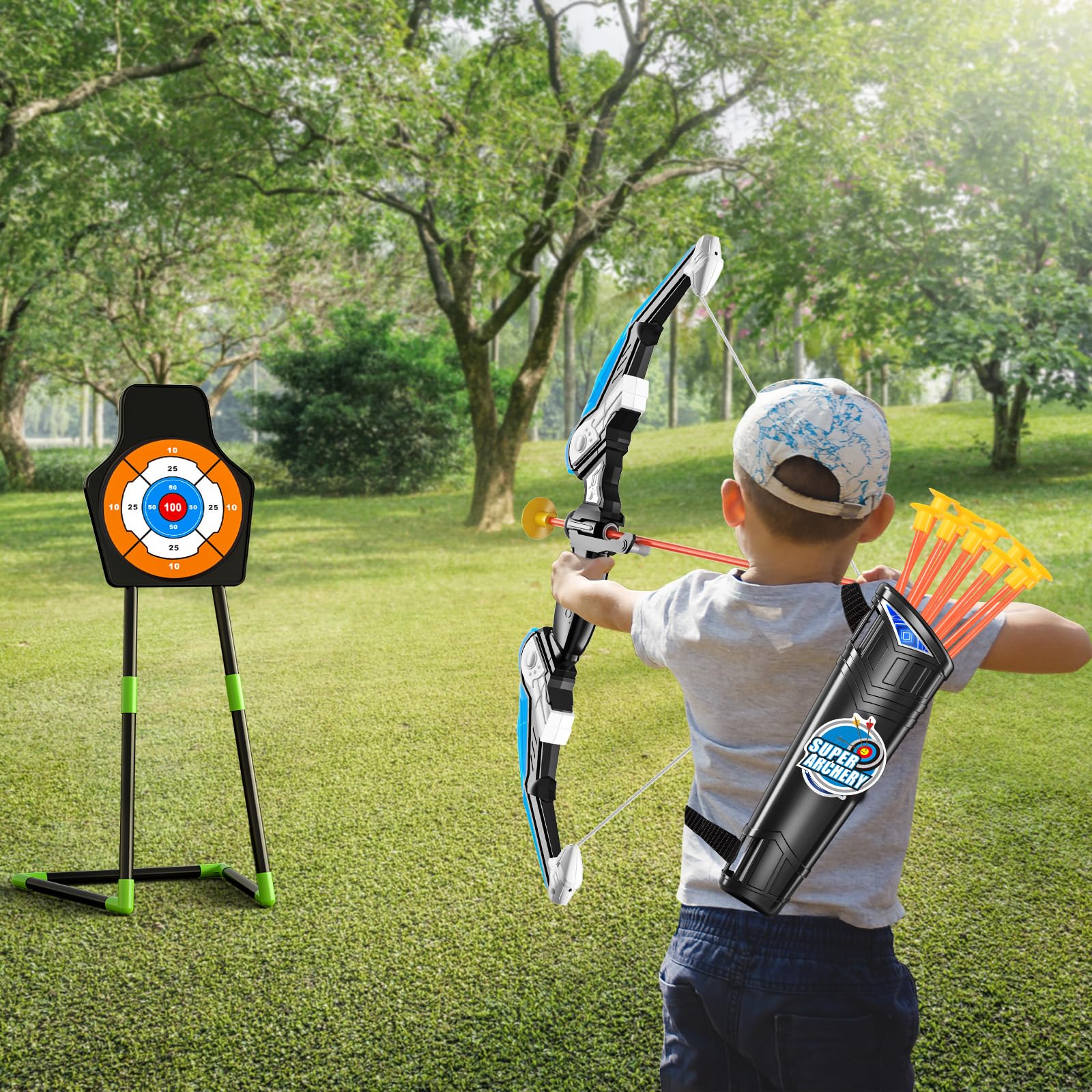 TEMI 2 Pack Archery Set - Includes 2 Bows, 20 Suction Cup Arrows & 2 Quivers & Standing Target, Outdoor Light Up Toys for Kids Boys Girls