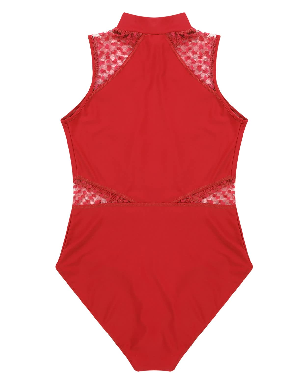 Sywiyi Women's Sleeveless Mesh Splice Bodysuit Zipper Front Gymnastics Leotard Ballet Dance Costume Red Small