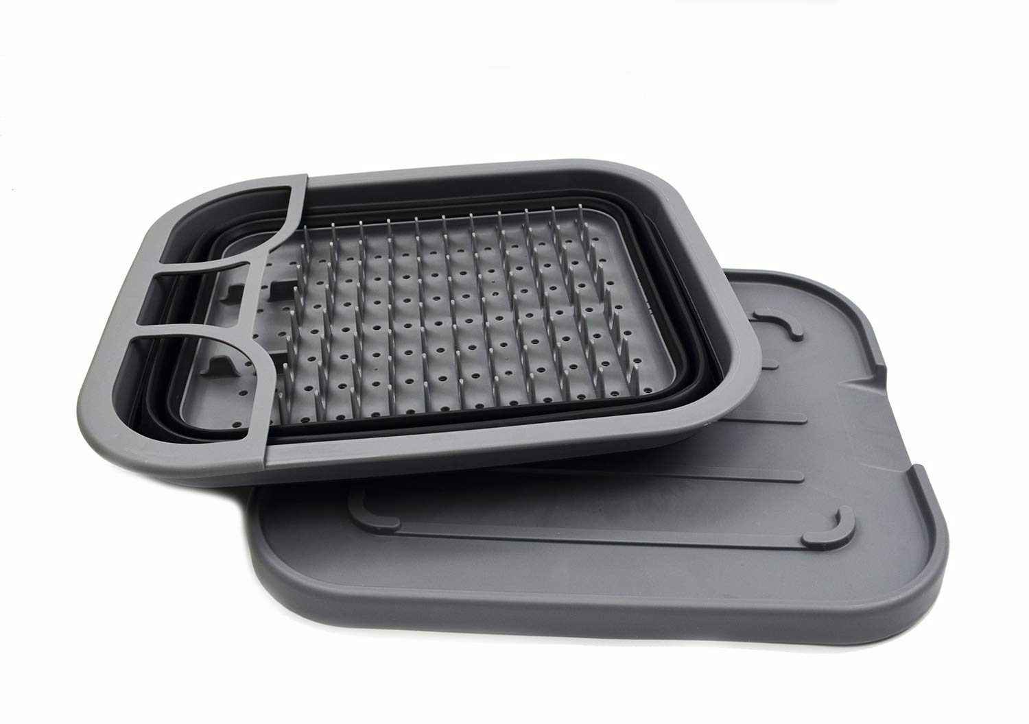 SAMMART Collapsible Dish Drainer with Tray - Foldable Drying Rack Set - Portable Dinnerware Organizer - Space Saving Kitchen Storage Tray (1, Grey/Black)