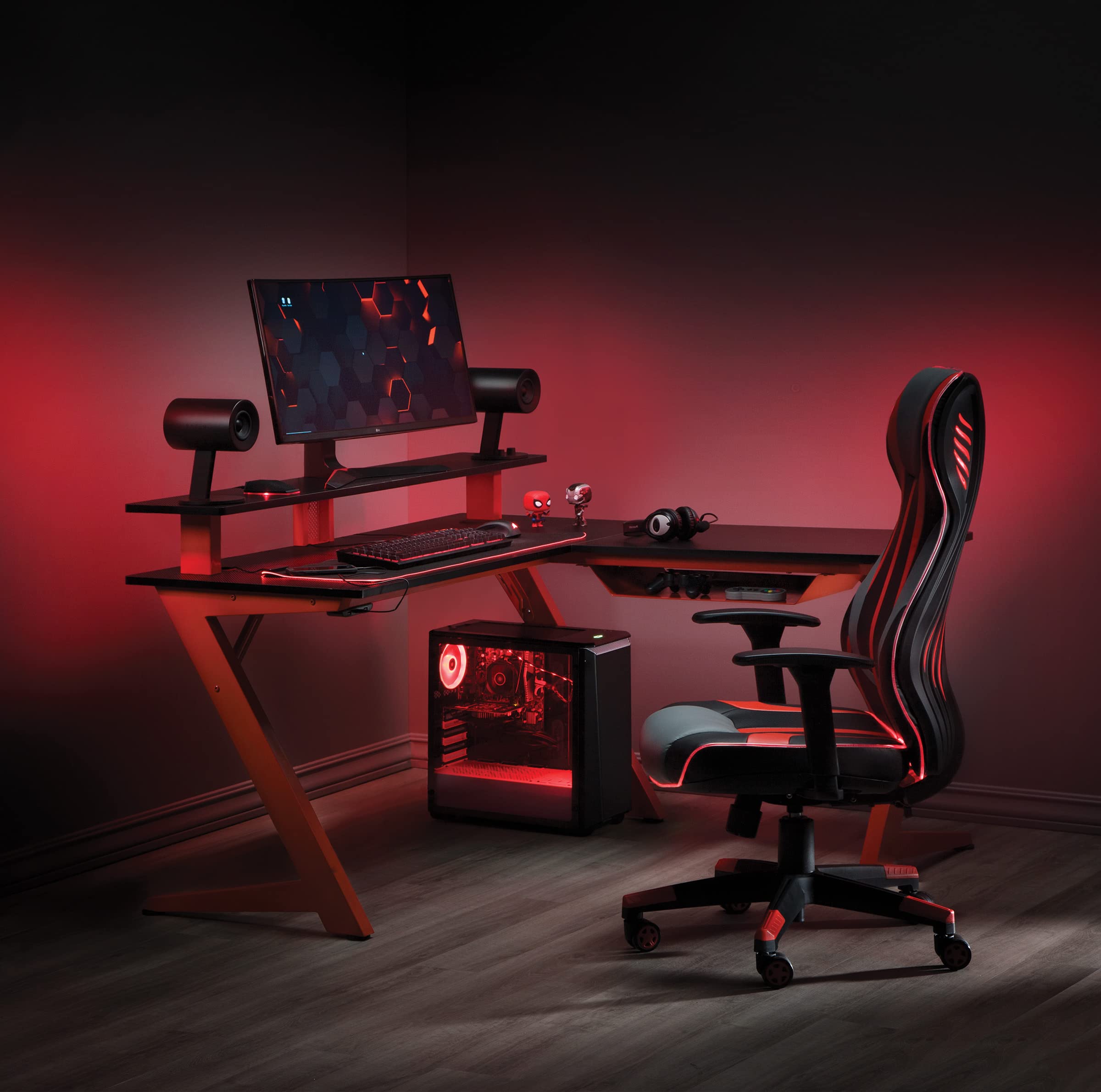 OSP Home Furnishings Avatar Battlestation L-Shape Gaming Desk with Bluetooth RGB LED Lights and Carbon Fiber Surface, Red