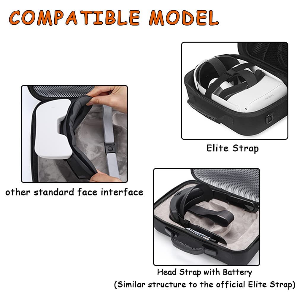 Vrbort Quest 2 Carrying Case Portable Cover for VR Headset with Elite Strap and Touch Controllers Accessories Hard Protection, Grey