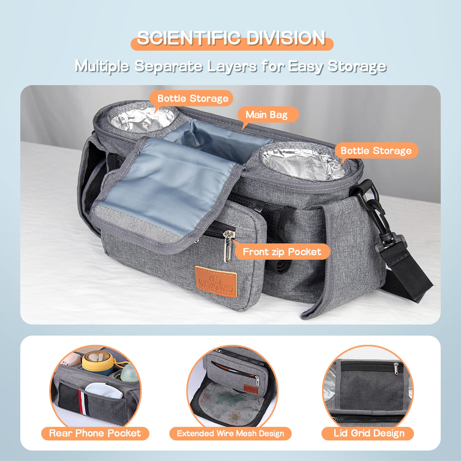 Yoyong Universal Stroller Organizer—Stroller Caddy with 2 Cup Holders, Adjustable Stroller Caddy Detachable Bag Baby Stroller Accessories Pockets