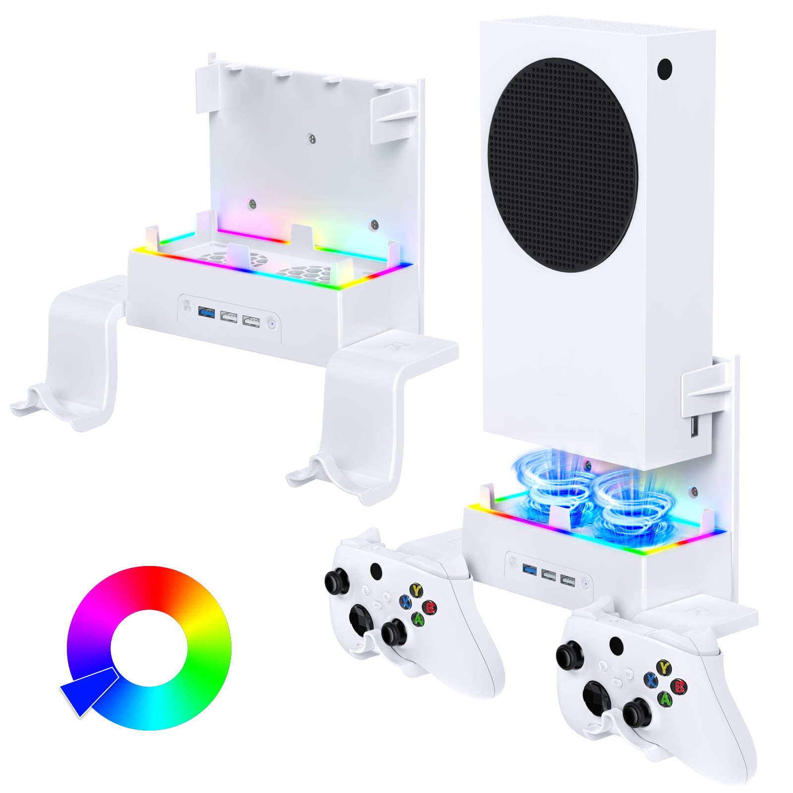 Wall Mount with Cooling Fan for Xbox Series S,Xbox Accessories Kit with RGB Light,USB Ports,Cooling System,Double Controller Headset Storage Holder for Xbox Series S Console