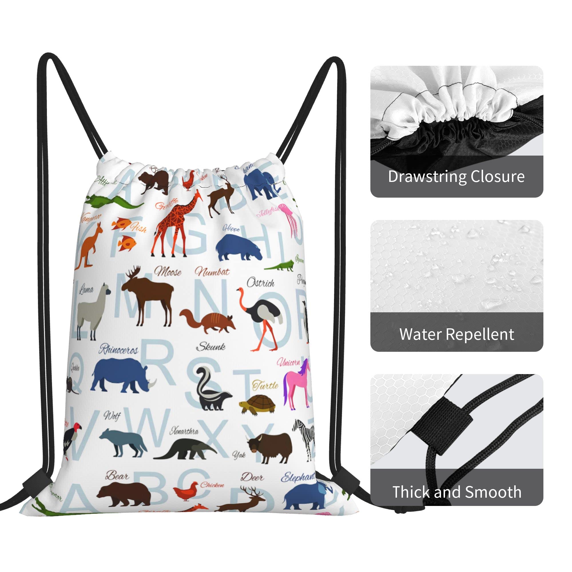 UTtitr Drawstring Backpack Alphabet Cute Zoo Animals Gym Sackpack Folding Dance Yoga Sack String Bag Waterproof Sport Daypack For Men Women Travel Beach Camping Cycling