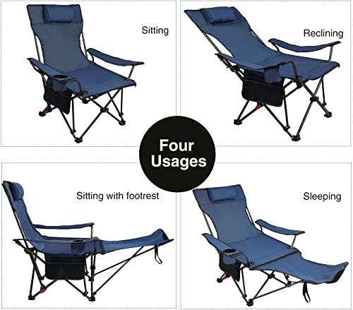 REDCAMP Camping Chair with Removable Footrest, Portable Folding Reclining Camp Chairs for Adults, Blue with Fabric Back