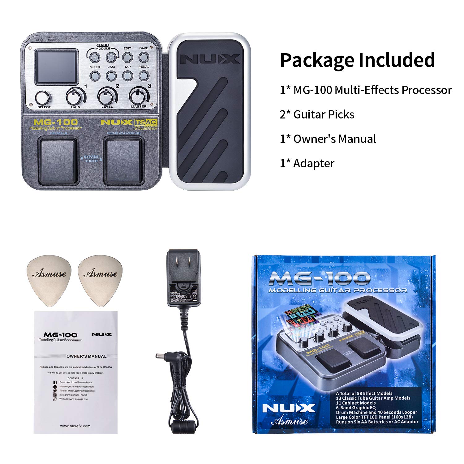 MG-100 Professional Multi-Effects Pedal Processor Musical Instrument Parts 40s Record 55 Effect Mode 10 Sound Di Box Electric Guitar and Bass Loop Amplifier Tube Pedal