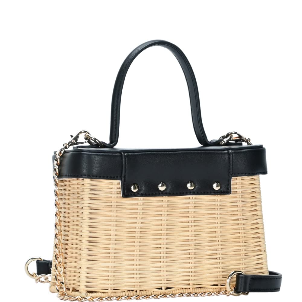 Top-Handle Structured Rattan Straw 2-Way Boxy Satchel Purse Handbag Crossbody (Moss)