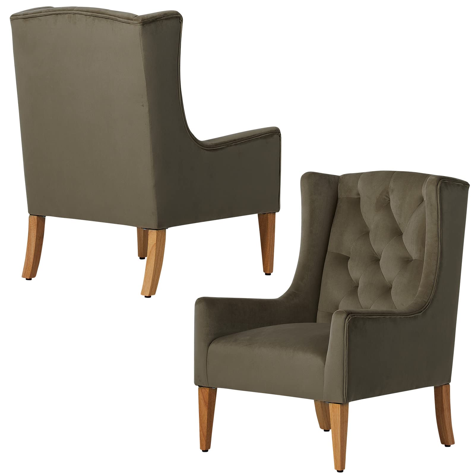 LOVSPATIO Mid-Century Accent Chair,Button Tufted Velvet Armchair with High-Back Rest,Big Cushioned Seat and Solid Wood Legs for Living Room Bedroom (Light Brown)