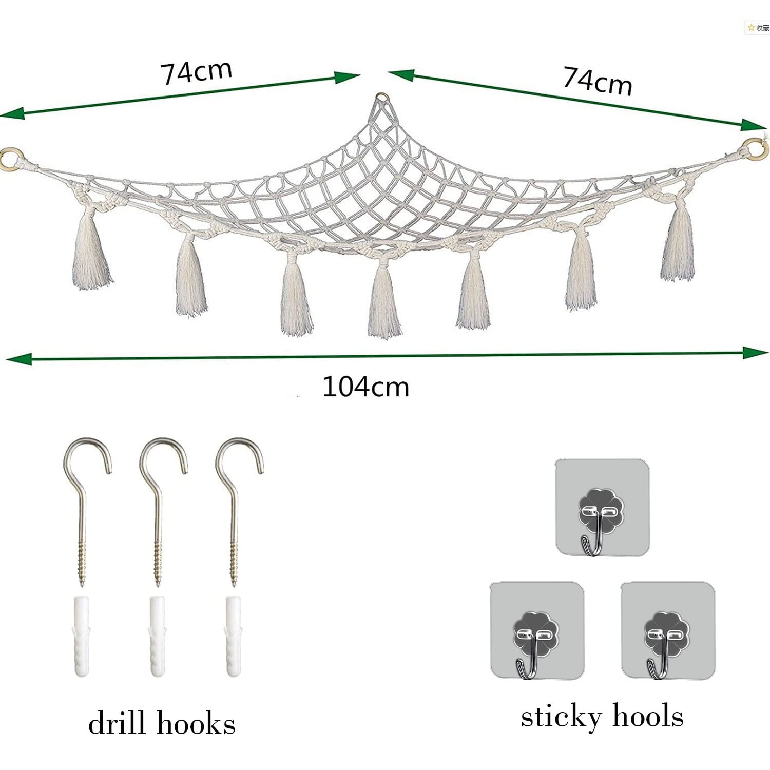 Wonlimaye Stuffed Animal Hammock Toy Storage with LED Light,Corner Stuffed Animal Net with Tassels,Children's bedroom playroom hanging toy storage net (White)