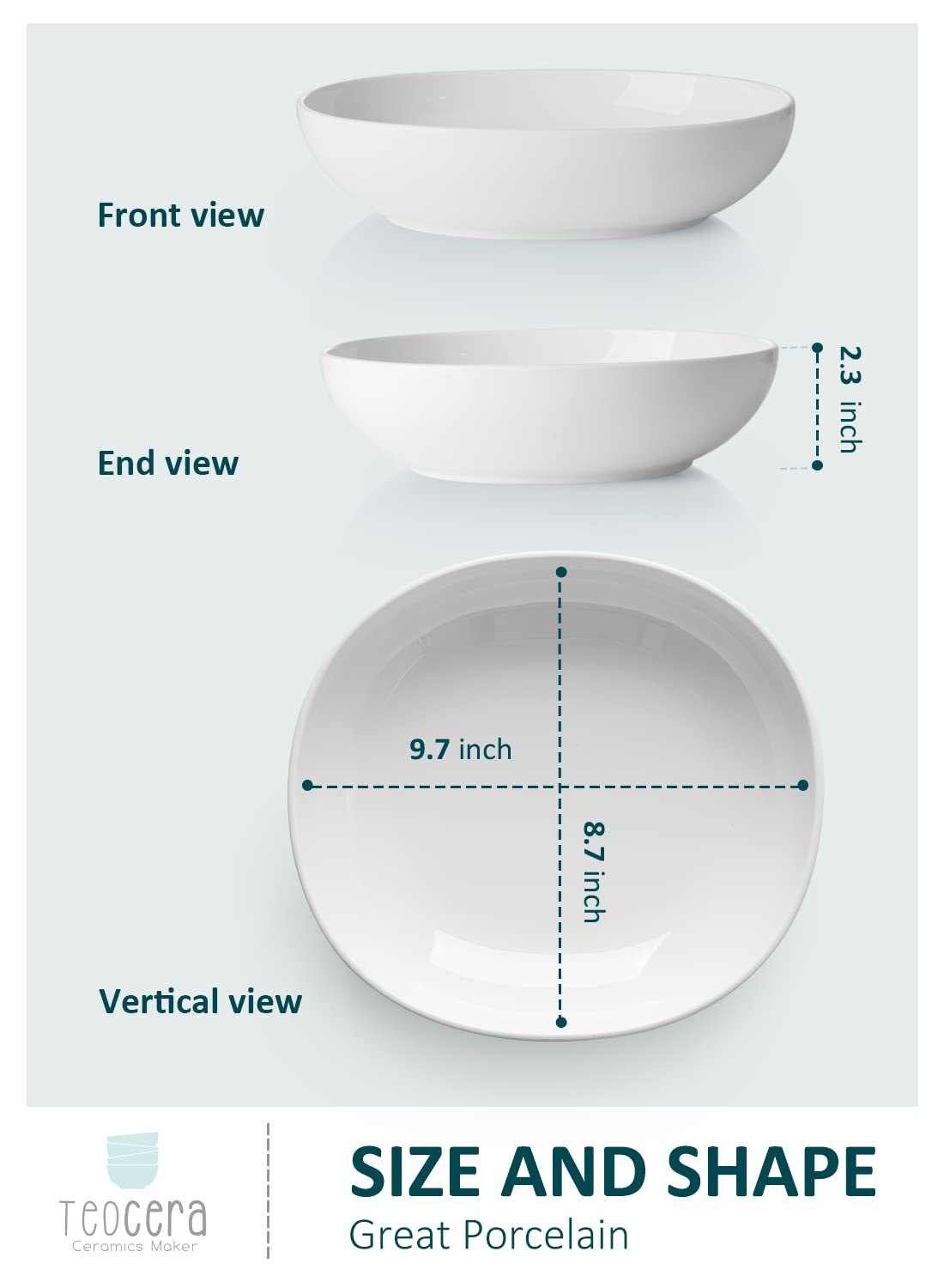 Teocera Pasta Bowls, Salad Bowls Set, Large Serving Bowls, 50 Ounce Porcelain White Bowls Set of 4 - Square Design, Microwave Dishwasher Safe