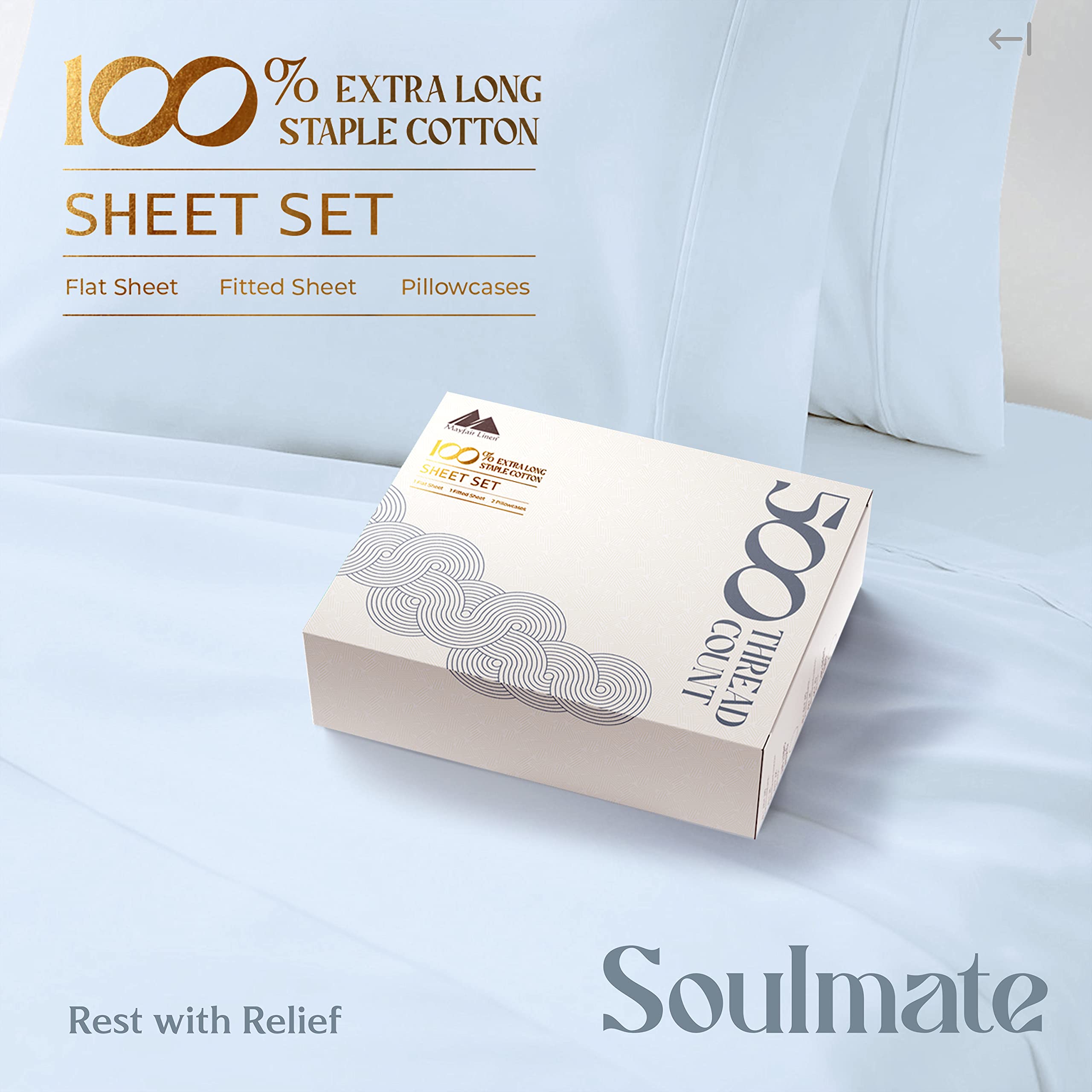 Mayfair Linen 100% Cotton Sheets for Queen Size Bed - Luxury 500 Thread Count Queen Sheet Set, 4 PC Sateen Weave Queen Light Blue Cotton Sheets, Ultra Soft, Deep Pocket Cooling Sheets Queen Size