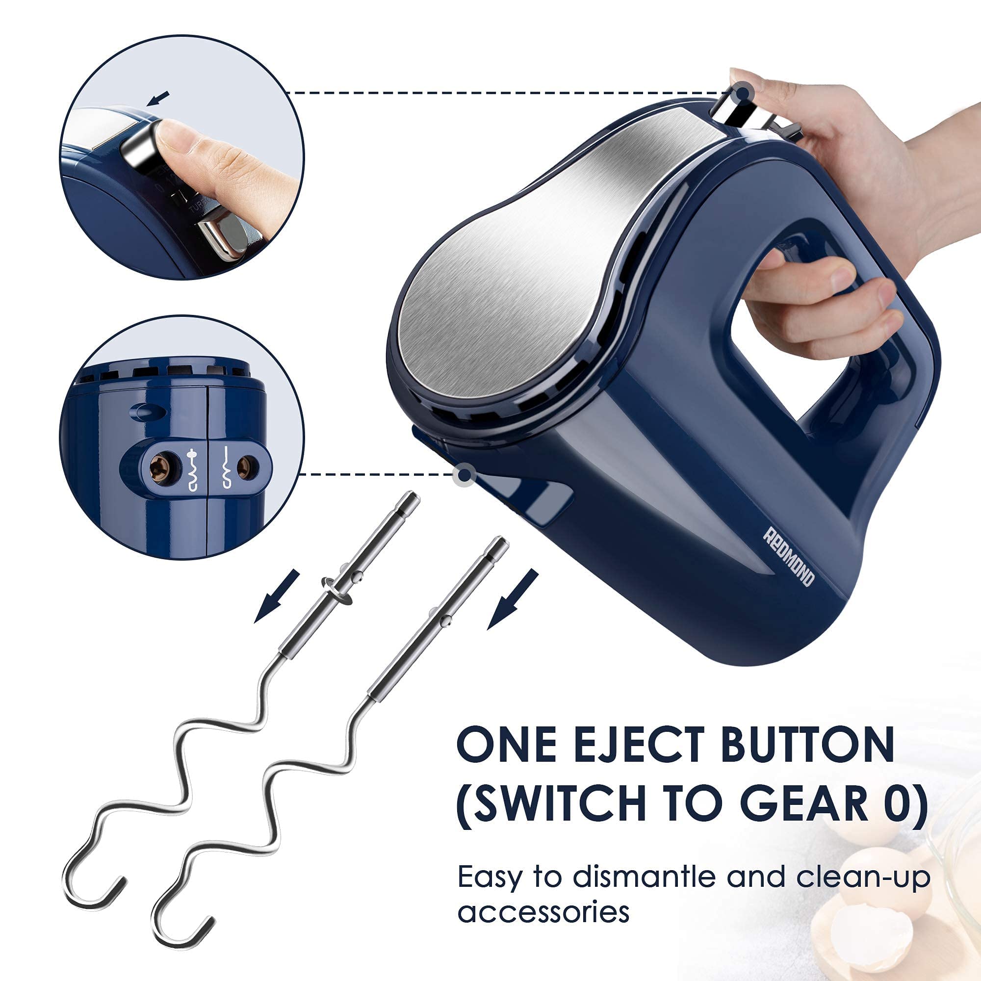 REDMOND Hand Mixer Electric, 250W Power 5-Speed Handheld Mixer, Includes Stainless Steel Beaters and Dough Hooks with Turbo, Easy Eject Button (Navy Blue)