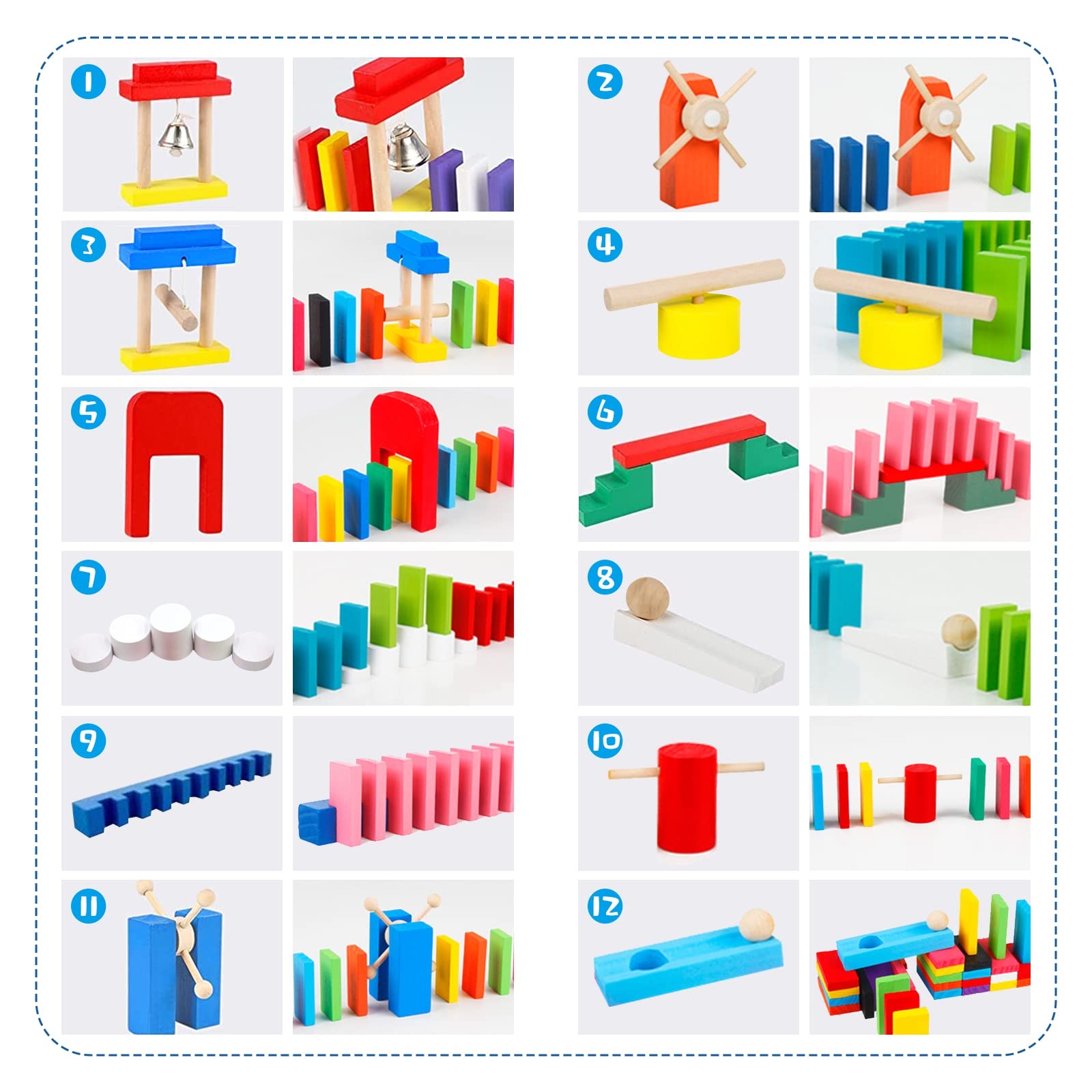 MorTime 1080 Pcs 12 Colors Wooden Dominoes Set with 23 Add-on Blocks and 3 Spacer for Kids Building Blocks Racing Tile Games with 3 Storage Bag (1080pcs)¡