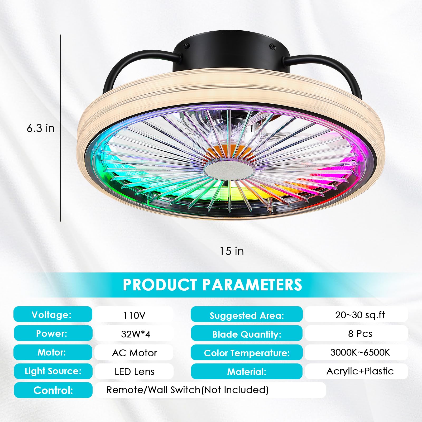 Low Profile Ceiling Fan with Light - Modern Flush Mount Ceiling Fan,15" RGB Dimmable LED Enclosed Ceiling Fans,Modern Bladeless LED-RGB Ambient Light for Bedroom Kids Room Party(Black)
