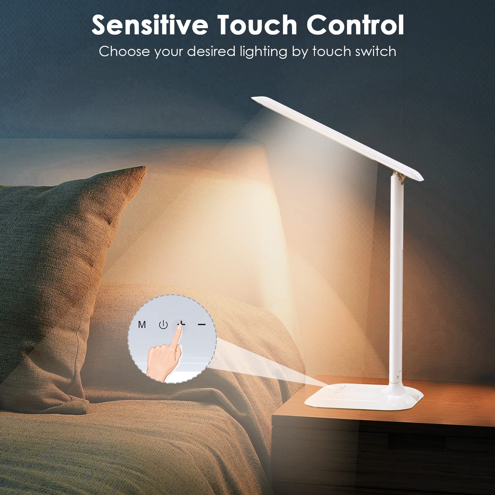 RensanR LED Desk Lamp, Desk Light with USB Charging Port, 3 Color Modes, 5 Brightness Level, Dimmable Table Lamp Reading Lamp, Sensitive Control,Eye-Caring Office Lamp