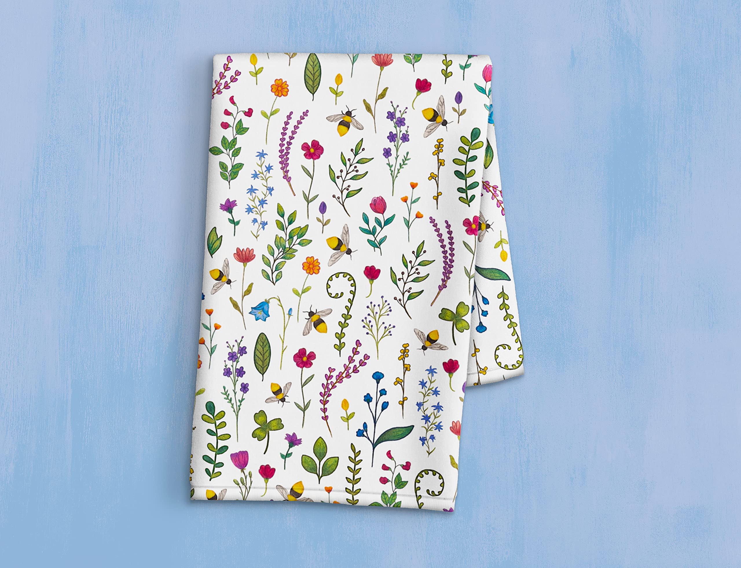 Spring Flower Print Hand Towel - Bumblebee Kitchen Towel - Bathroom Hand Towel - Cotton Terry Cloth - 15"x25"