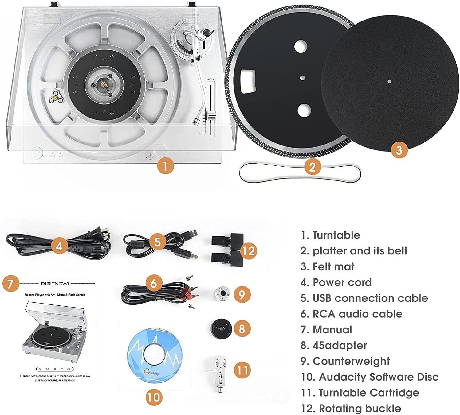Turntable for Record Player with Balanced S-Shaped Tonearm, Hydraulically Damped Lift Variable Pitch Control and Anti-Skate Lockable Control,AT3600 Magnetic Cartridge,Convert Vinyl to Digital
