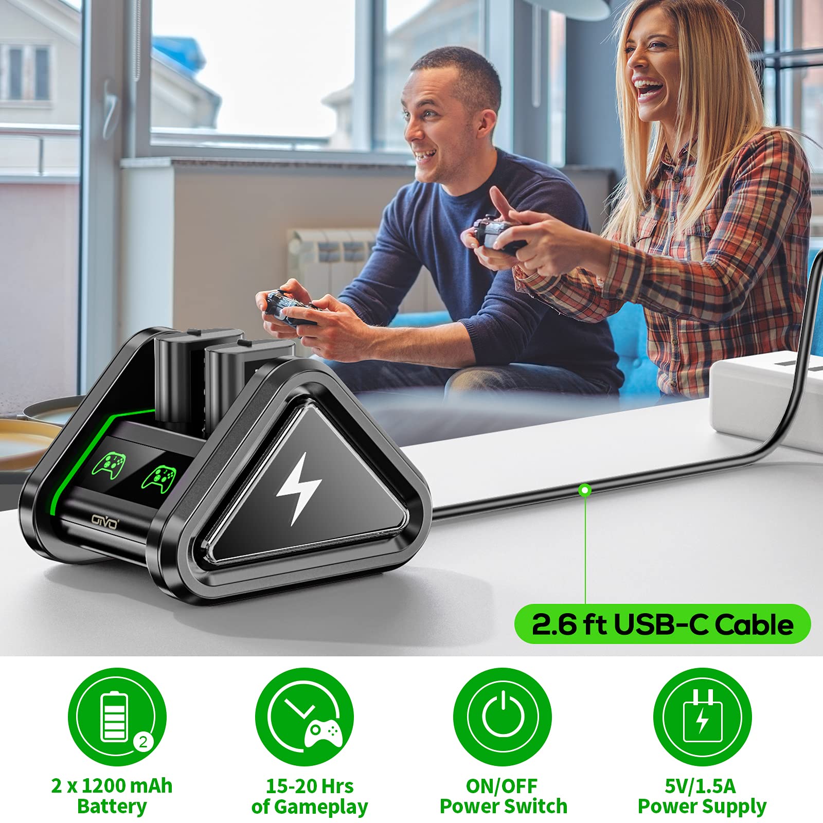 Rechargeable Battery Pack with Charger Station for Xbox, 2 x 1200mAh Rechargeable Controller Battery Pack with Charging Dock for Xbox Series X|S/Xbox One X|S/Elite Controllers - USB-C Cable Included