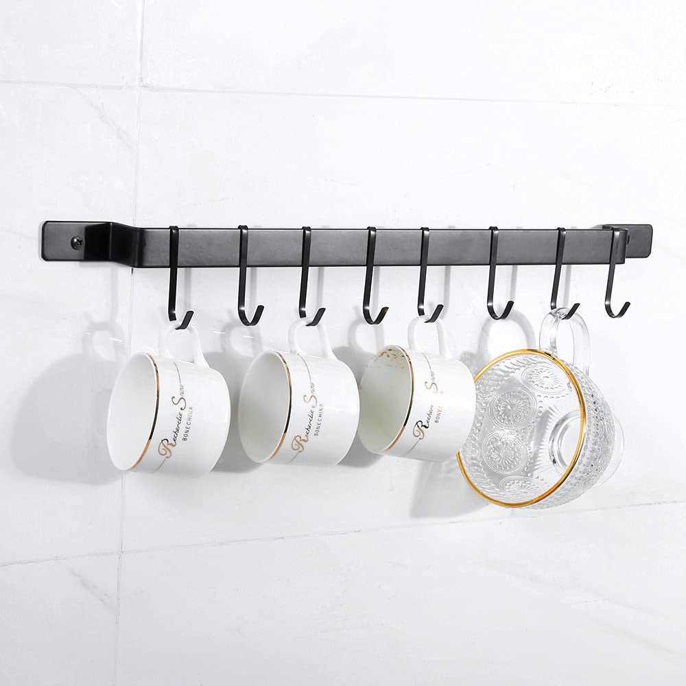 SmartHom Kitchen Rail Utensil Rack with 7 Hooks, Black Hanging Utensils Holder for Pots and Pans, Kitchen Utensils Hanger 15.7 * 2.5 INCH
