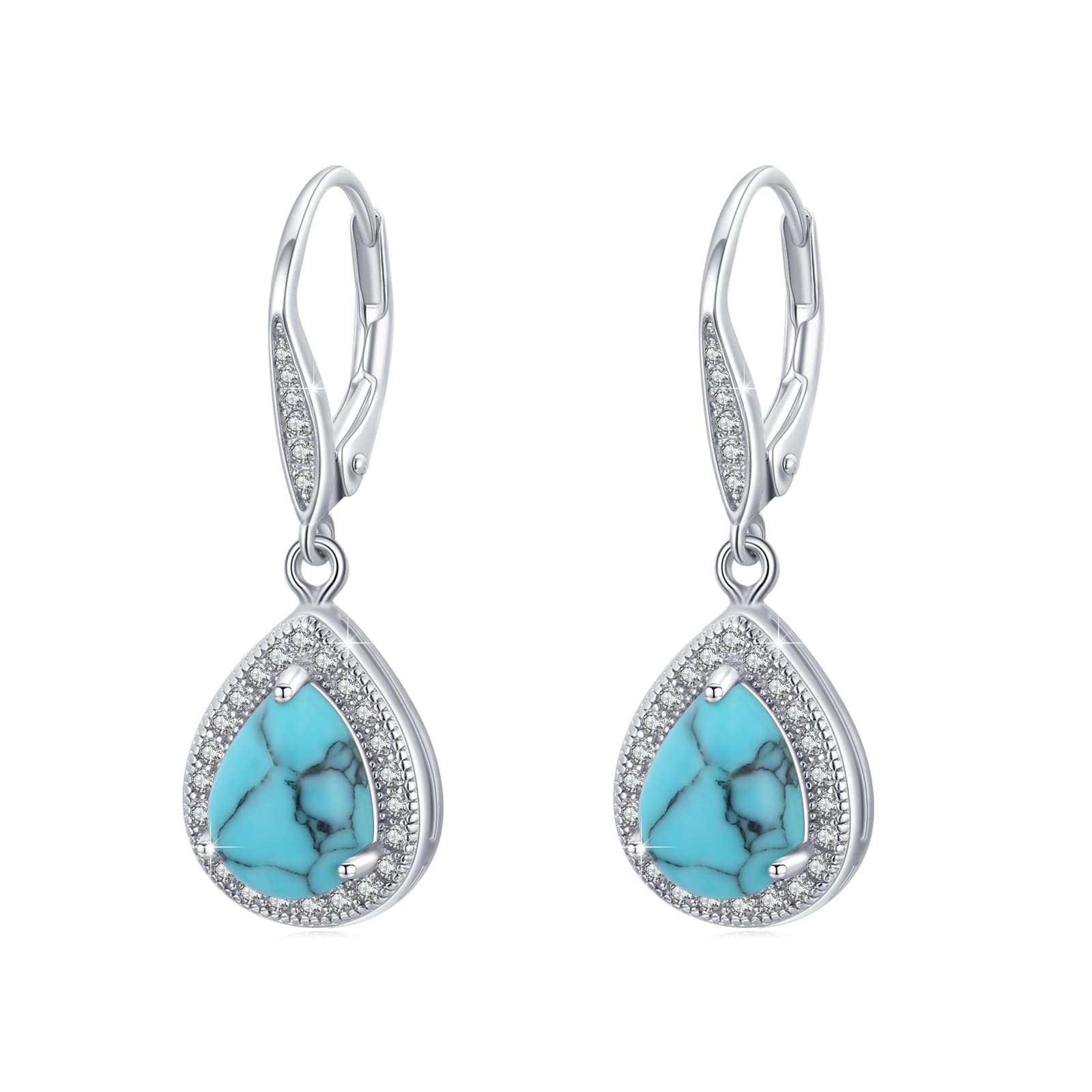 Turquoise Earrings for Women Teen Sterling Silver Leverback Earrings Minimalist Hypoallergenic Earrings for Sensitive Ears Dangle Drop Turquoise Jewelry for Xmas s (CZ-Turquoise)