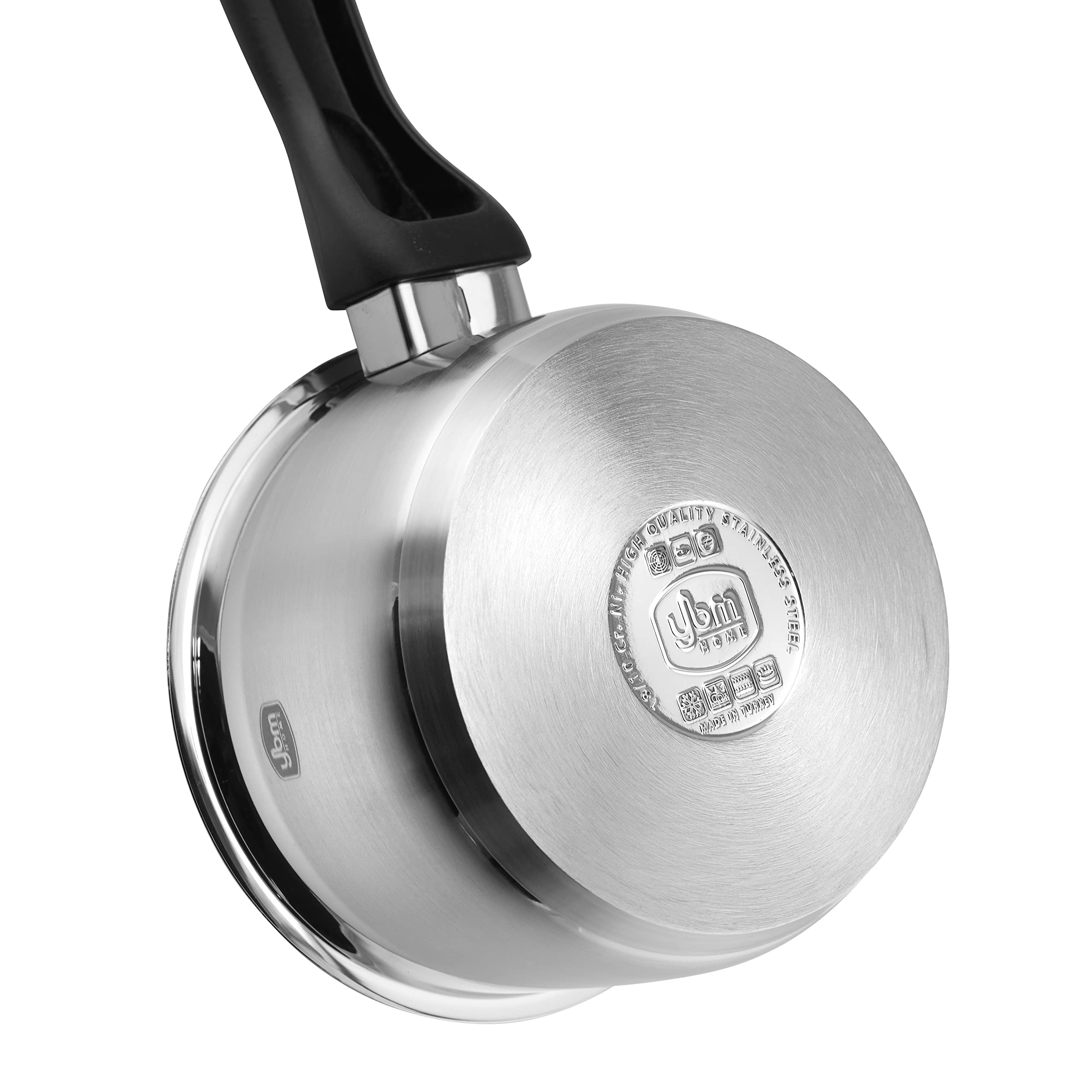 YBM Home Professional Chef’s 18/10 Stainless Steel Sauce Pot Covered Tri-Ply Capsule Base With Bakelite Handle, Terrific Mirror Silver, Induction Compatible - Black