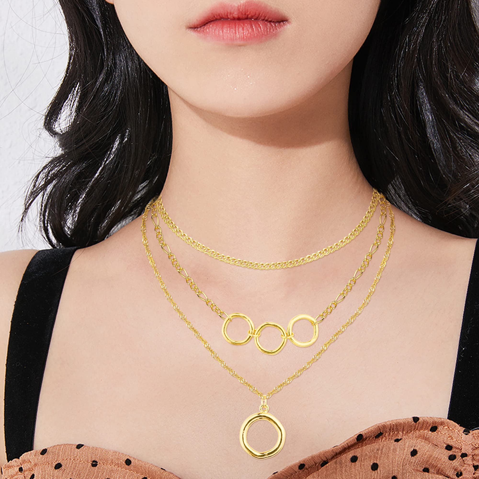 Subiceto 9pcs Layered Necklaces for Women Coin Bar Beads Circle Crescent Moon Star Pendant Necklace Multilayer Necklaces Set Gold