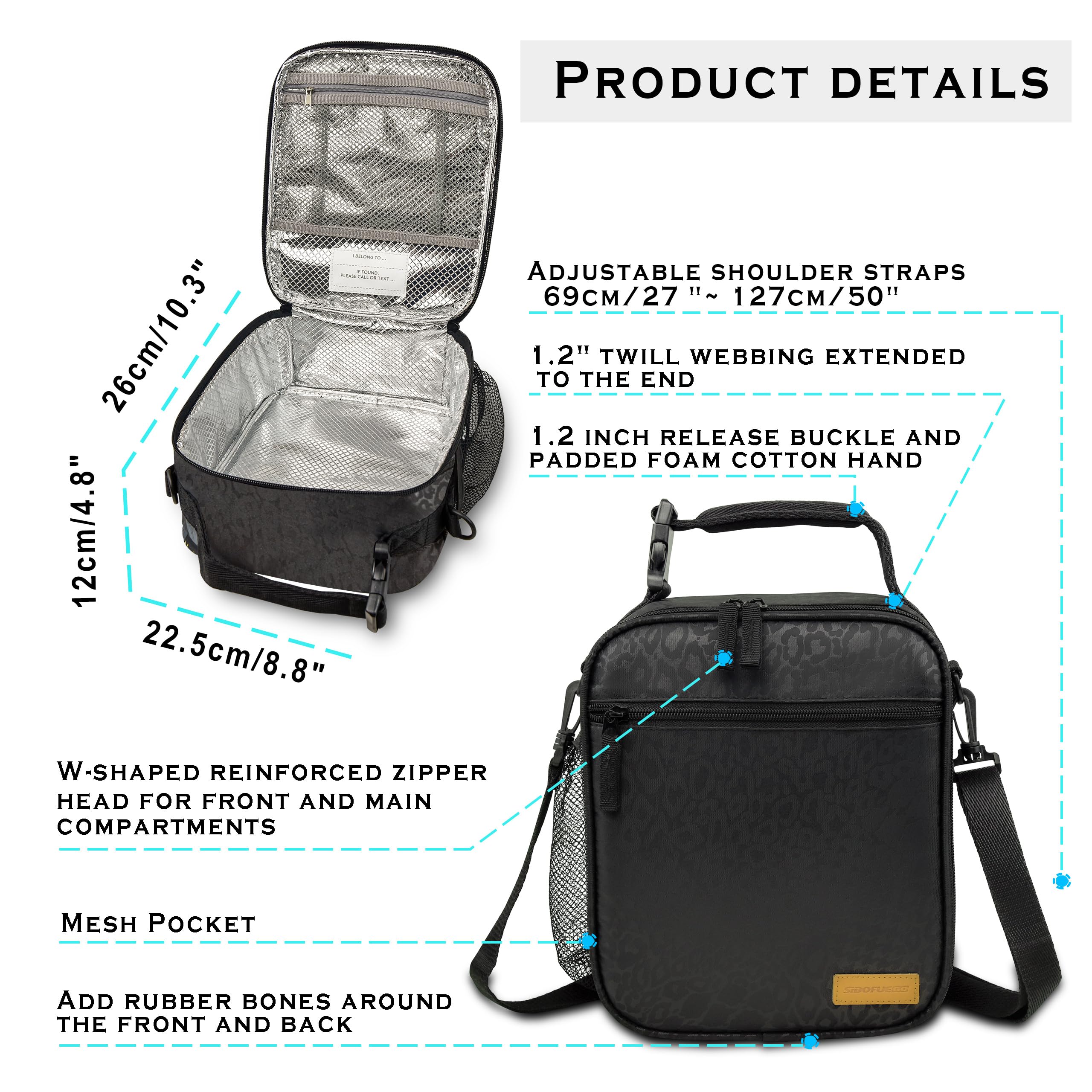 SIBOFUEGO Insulated lunch Box for Men Women - Cute Reusable Lunch Bag for Adult ,Small Lunchbox with Adjustable Shoulder Strap, Durable Cooler Tote Bag for Work Office Picnic Beach (Black Leopard)