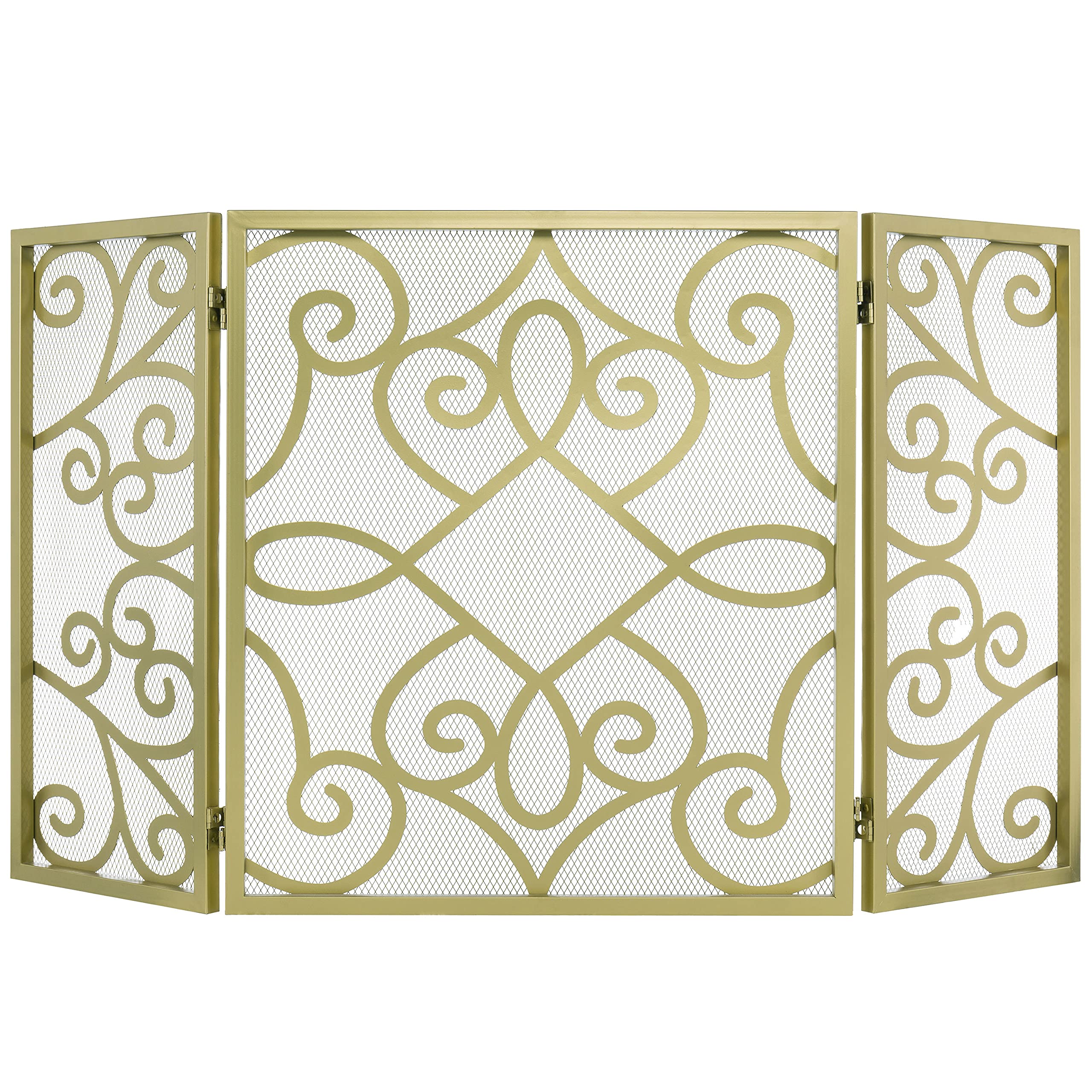 MyGift 3-Panel Vintage Gold-Tone Scrollwork Freestanding Metal Fireplace Screen