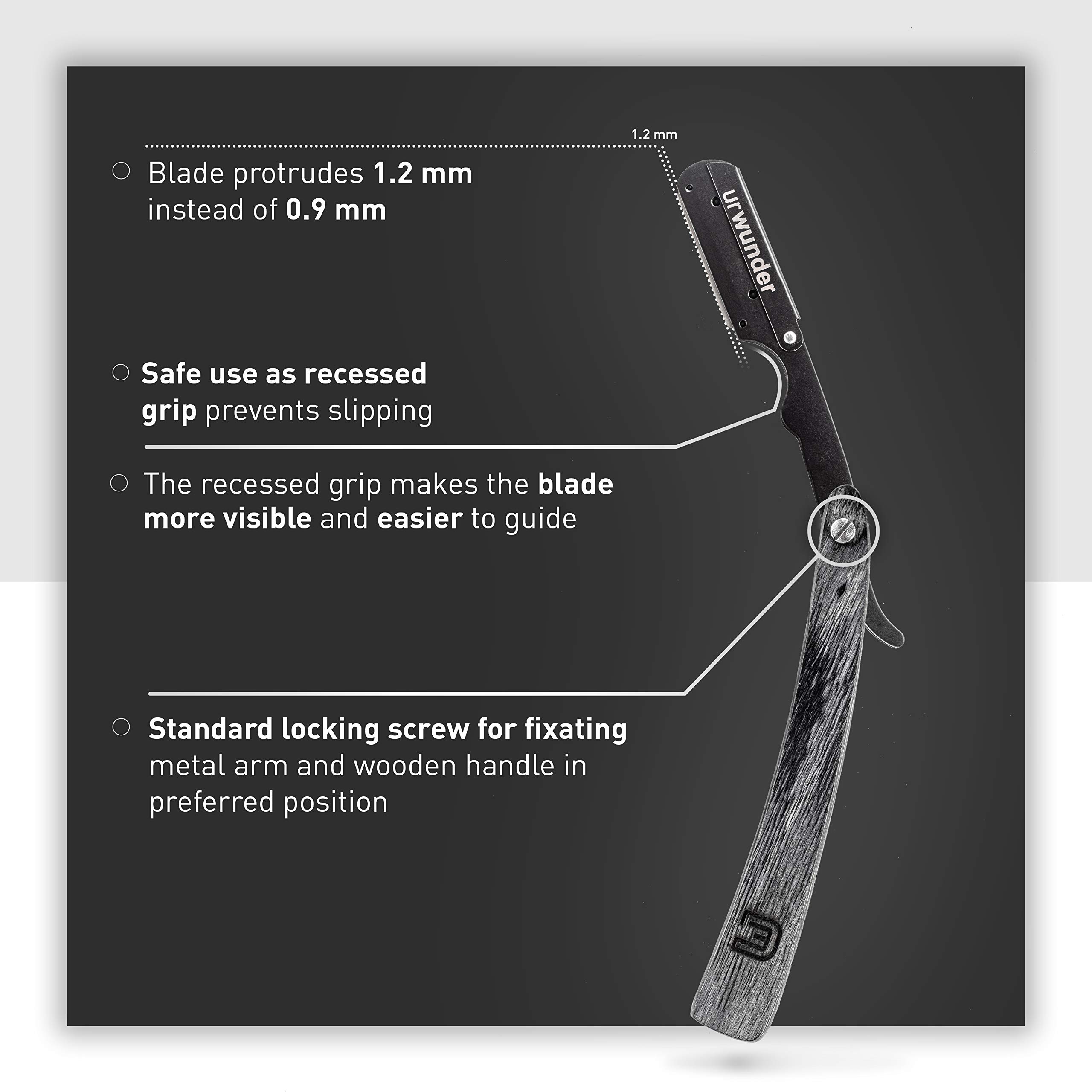 Precise German Straight Razor - urwunder - Beardo - Genuine Leather Case - Simple Manuals - 4-Pin Blade Holder [Black Arm/Black Wood]