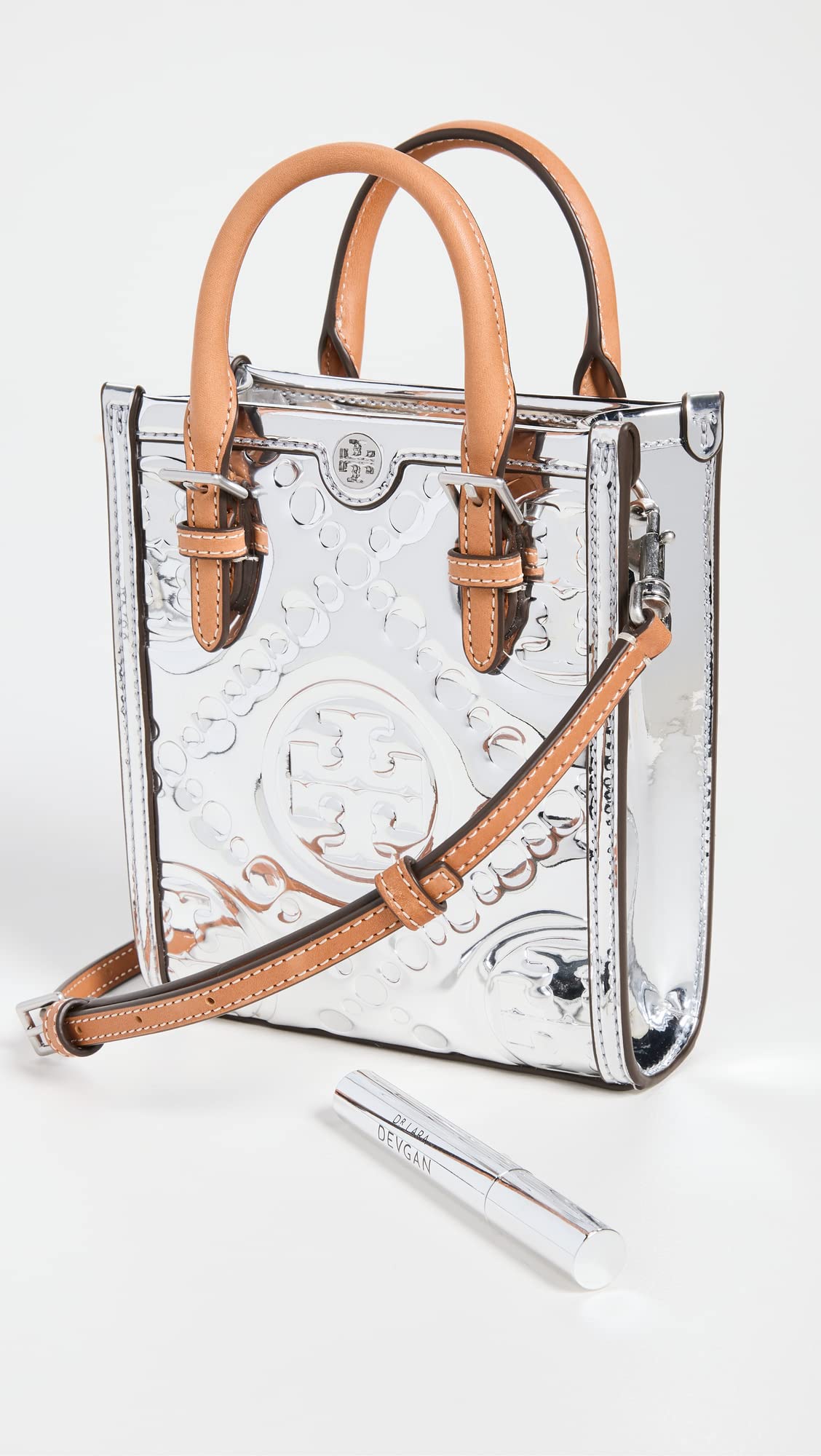 Tory Burch Women's T Monogram Embossed Metallic Mini Tote, Silver, One Size