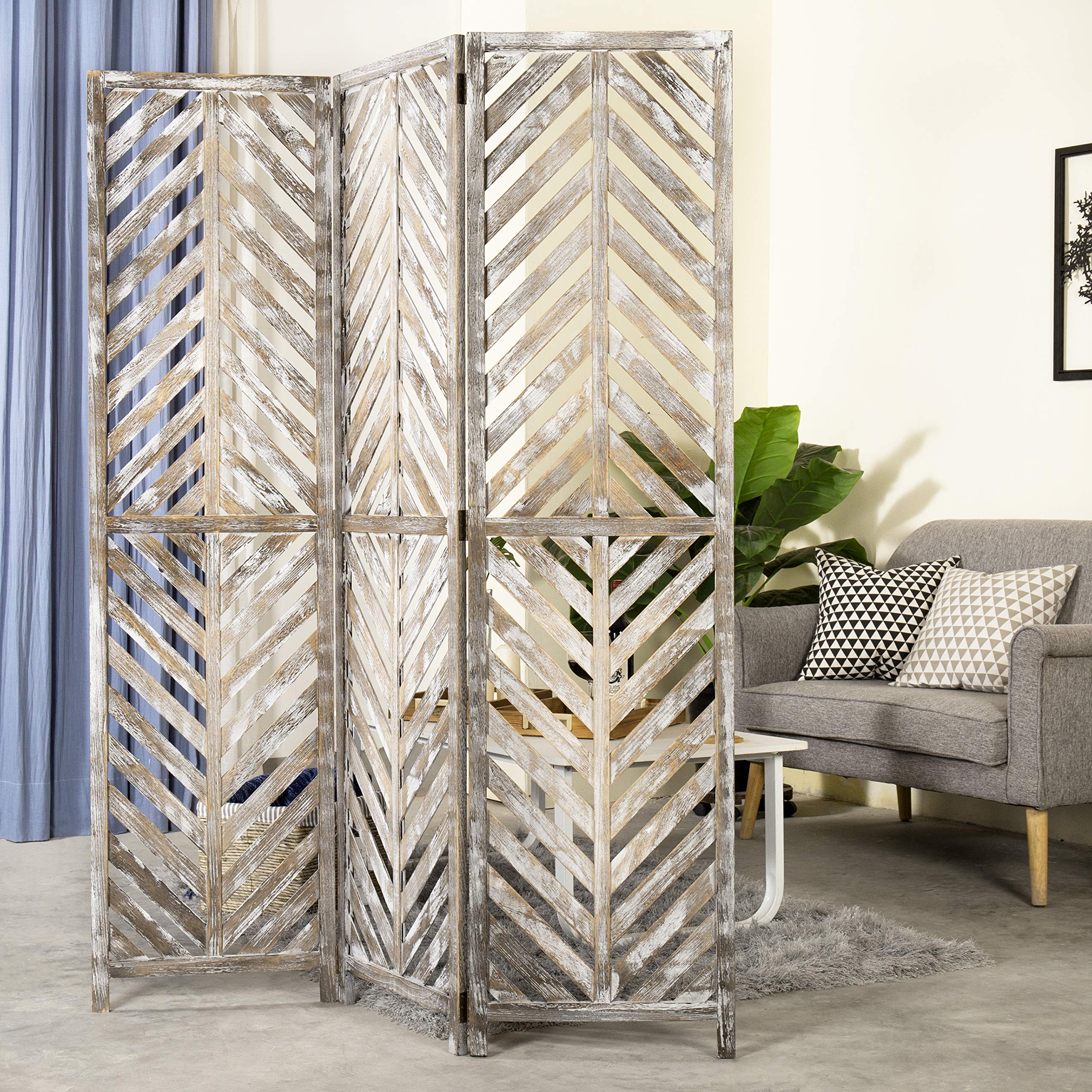 MyGift 3-Panel Solid Whitewashed Wood Folding Aloha Room Divider