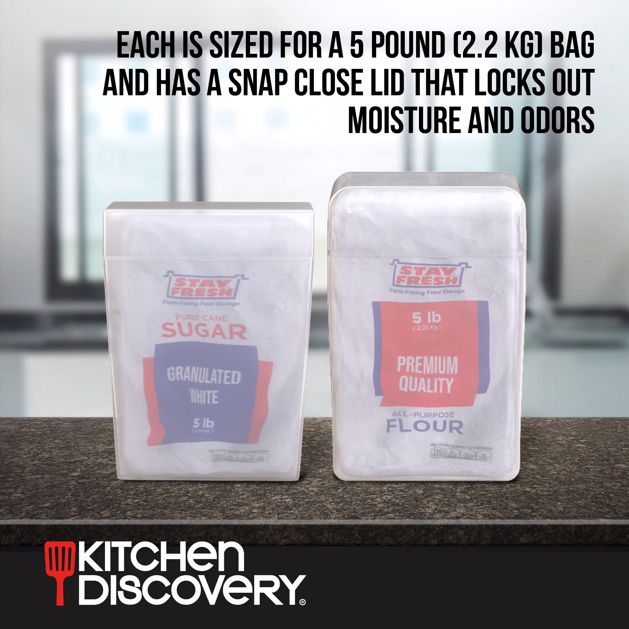 Stay Fresh Flour and Sugar Containers β Kitchen Discovery β 2 Piece Set of Snap Close Kitchen Containers for Flour and Sugar Storage β Keeps Contents Fresh, Pourable and Spillproof