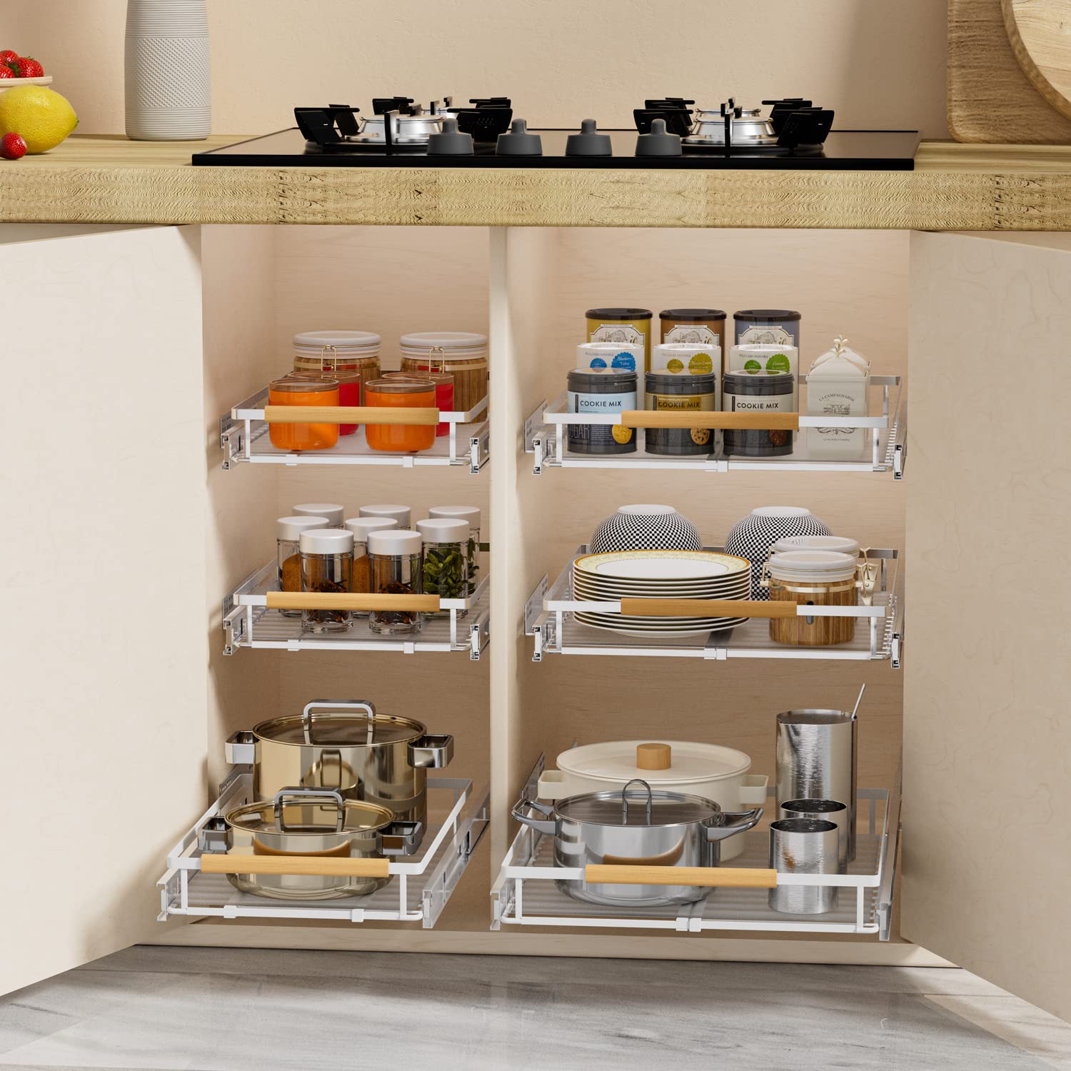 SANNO Expandable Slide Out Cabinet Organizer Pull Out Drawers for Kitchen Cabinets Organizer, Sliding Shelf Under Cabinet Organizers and Storage Shelf, Expandable Slide Out Organizer(1pack)