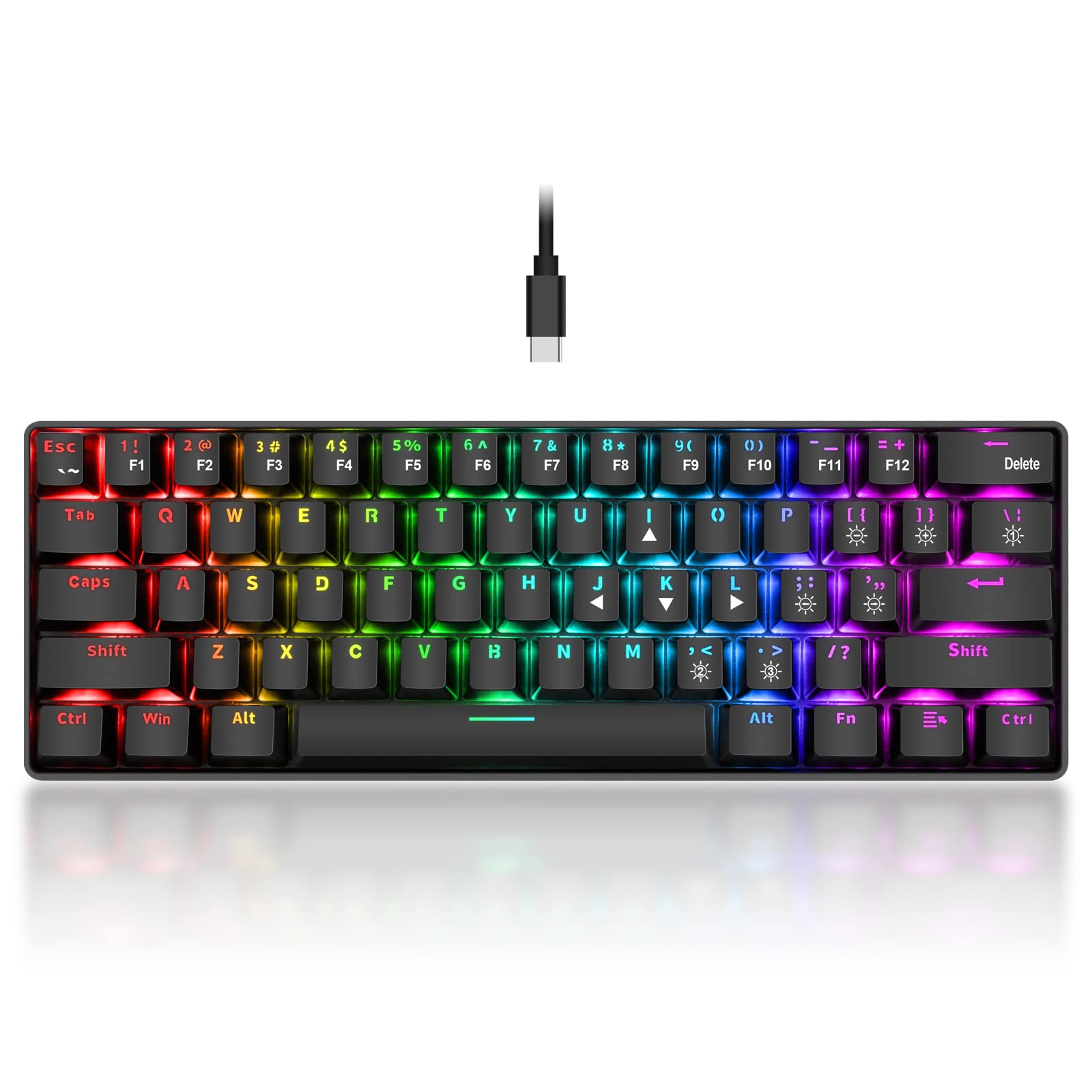 RedThunder 60% Wired Mechanical Gaming Keyboard, 61 Keys Ultra-Compact Keyboard, PBT Keycaps, RGB Backlight for PC (Blue Switch, Black)