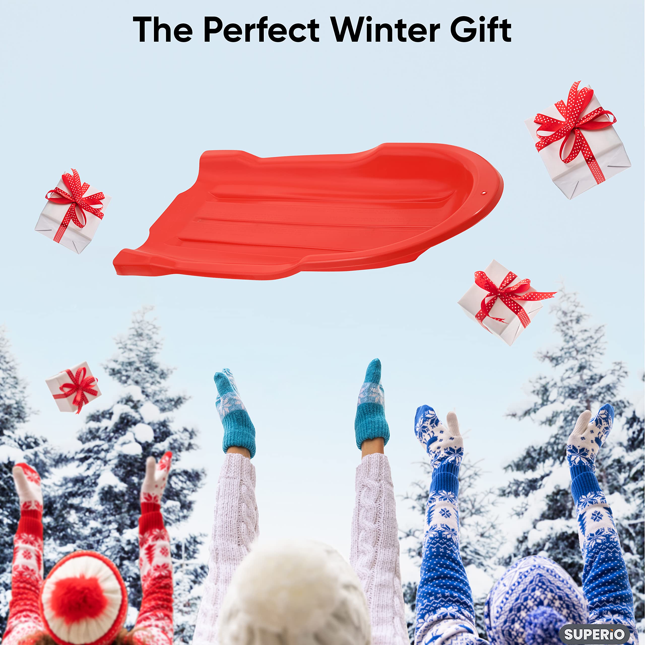 Superio Toboggan Snow Sleds, 4 Pack- 46β Plastic Open Back Slider for Kids and Adults- Heavy Duty Sleds with Holes for Pull Ropes (Ropes Excluded) for Downhill Sledding, Winter Outdoor Sports, (Red)