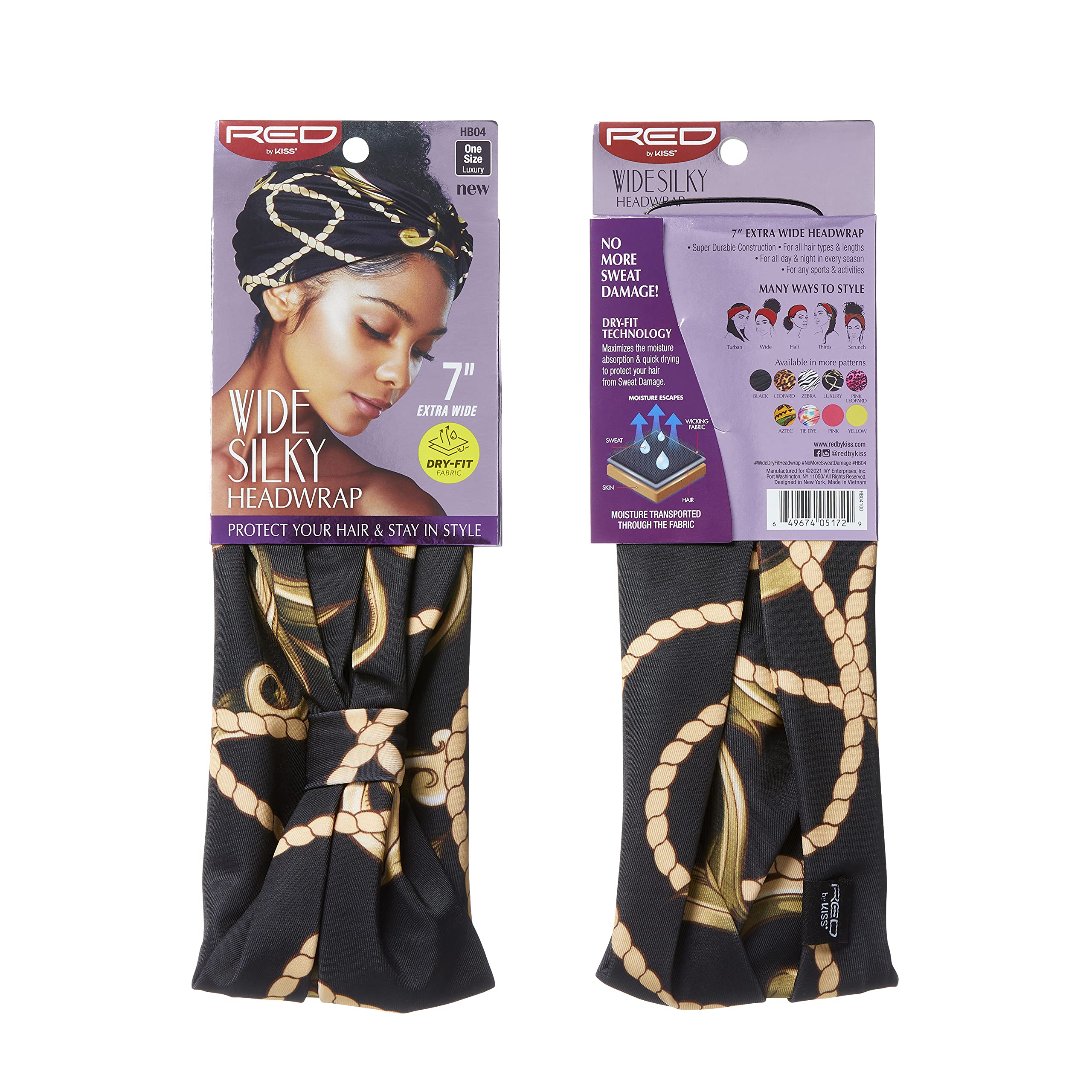 Red by Kiss Wide Silky Headwrap 7" Extra Wide Turban Headbands 3 PACK (Black, Yellow, Pink)