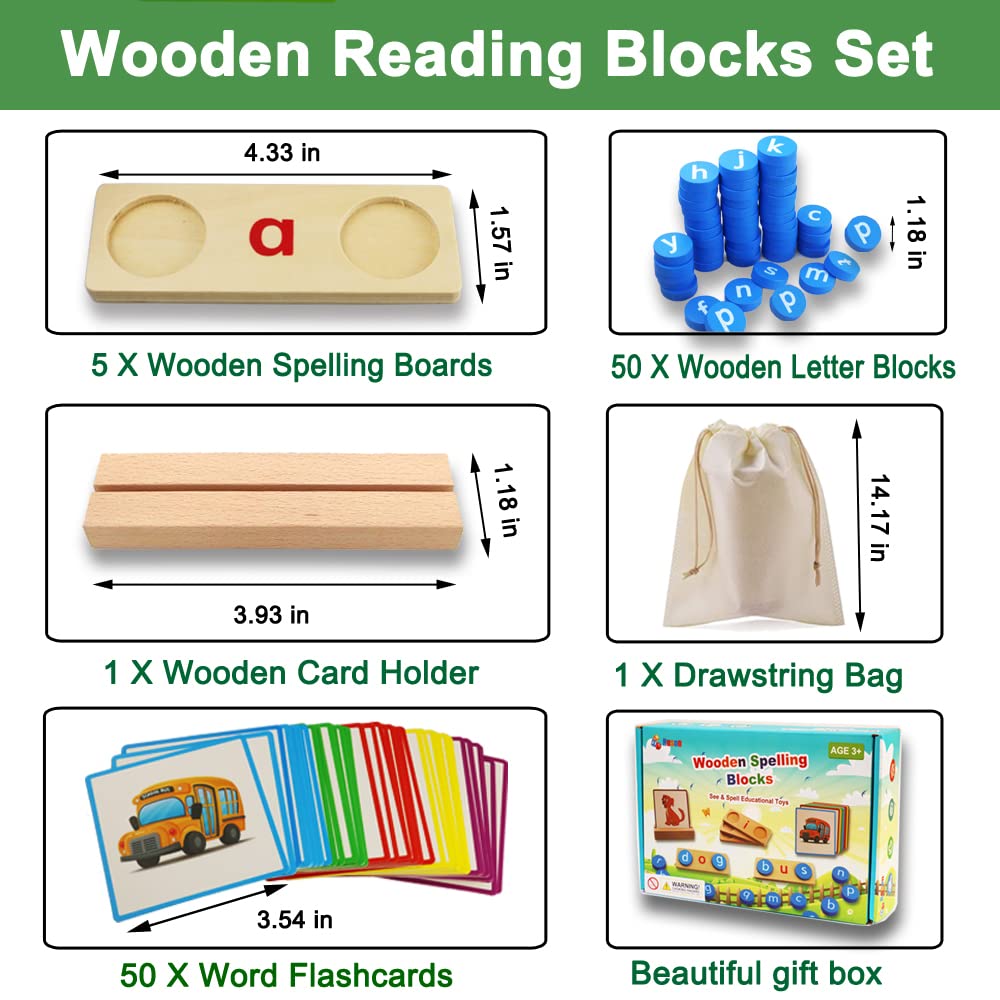 Wooden Short Vowel Reading Letters Spelling Toys, Alphabet Puzzle Flashcards Learning Activities Sight Words Reading Blocks Educational Toys for 3 4 5 Years Old Kids