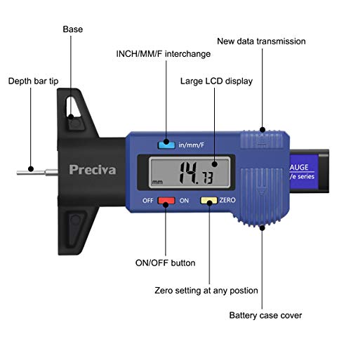 Preciva Tire Tread Depth Gauge, Digital Tire Gauge Meter Tester with Large LCD Screen of Fraction Inch/MM/Decimal Inch Conversion for Cars Trucks and SUV