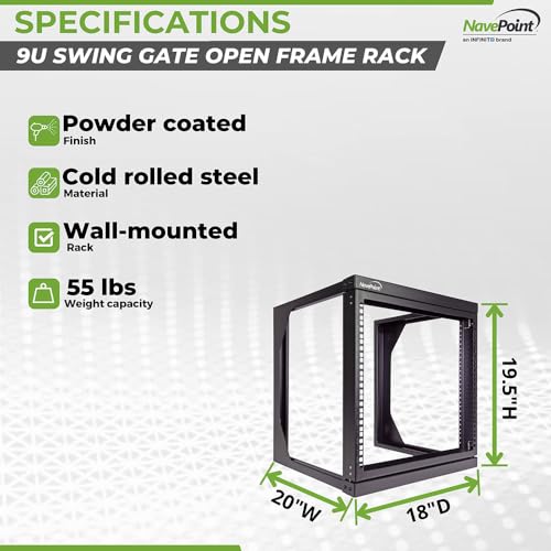 NavePoint 9U Server Rack with Swing Gate - 9U Wall Mount Rack for 19 Inch IT Equipment Open Frame Rack β Network Rack Wall Mount for AV & Server Equipment 18β Deep 9U Rack, Black