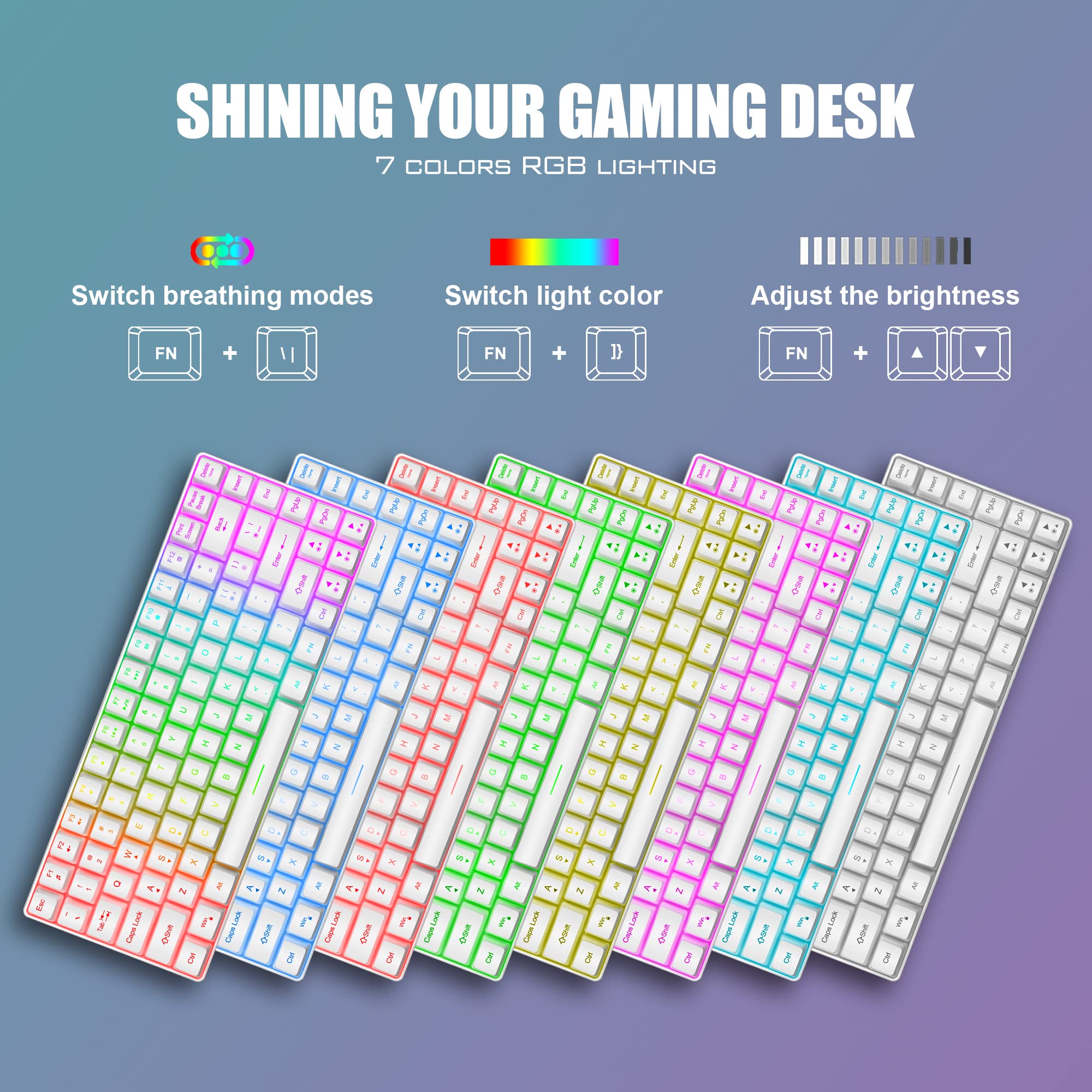 RedThunder K84 Wireless Gaming Keyboard, 1850mAh Rechargeable Battery, 75% Ultra-Compact TKL Mechanical Feel Mini Keyboard with RGB LED Lighting Effects for PC/Windows/MAC/PS4/PS5/XBOX Gamer (White)