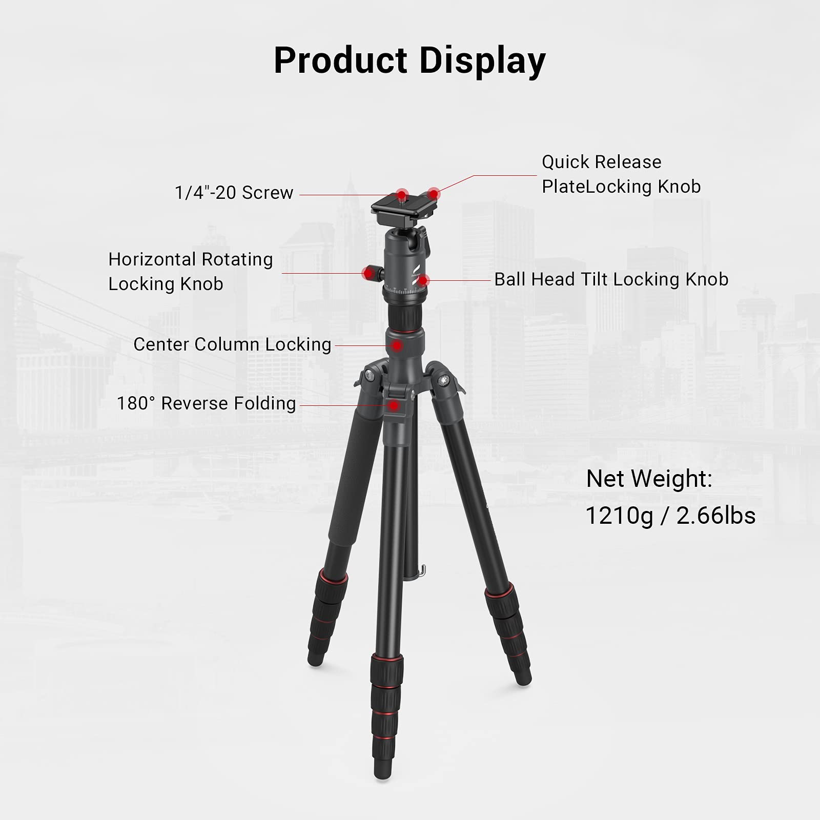 SmallRig Selection Lightweight 57" Aluminum Camera Tripod, Fodable DSLR Tripod for Travel, w/ 360 Degree Ball Head Quick Release Plate, Max. Payload 17.6lb, Adjustable Height 13.3"-57" - 3257
