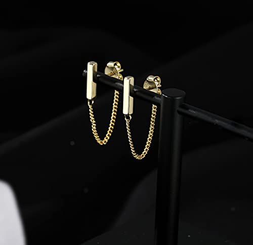 Reffeer Solid 925 Sterling Silver Bar Chain Dangle Earrings Drops for Women Teen Girls Bar Drop Earrings Chain Studs (A-Gold)