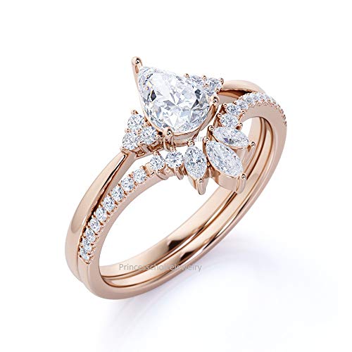 PB Collection Solid 14K Rose Gold Over 925 Sterling Silver Cluster Simulated Diamond Unique Wedding Ring Set 8