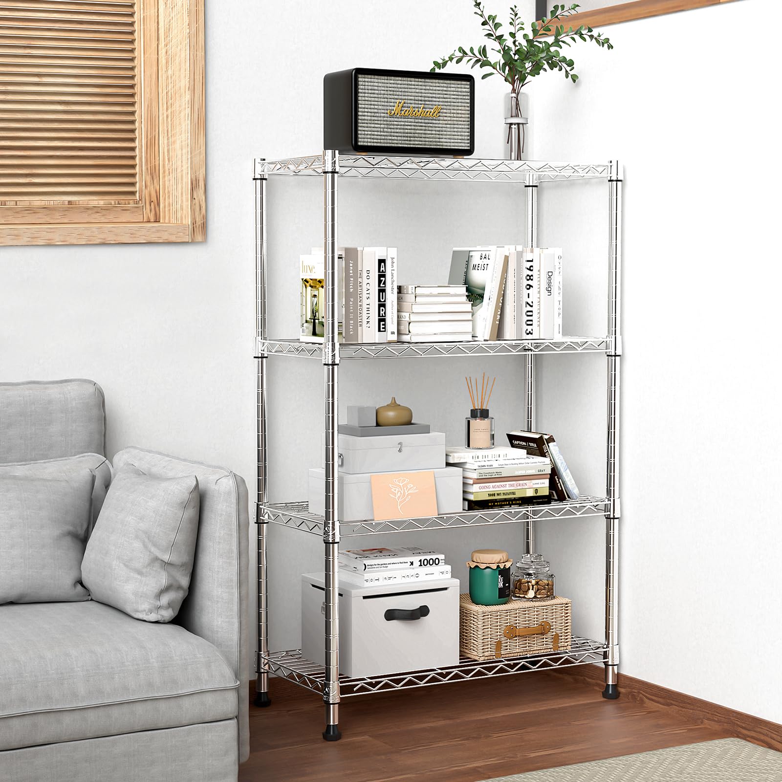 MZG Storage Shelving Steel Heavy Duty 4-Tier Utility Shelving Unit Steel Organizer Wire Rack for Home,Kitchen,Office,Chrome (13.7" D x 29.5" W x 47.2" H)